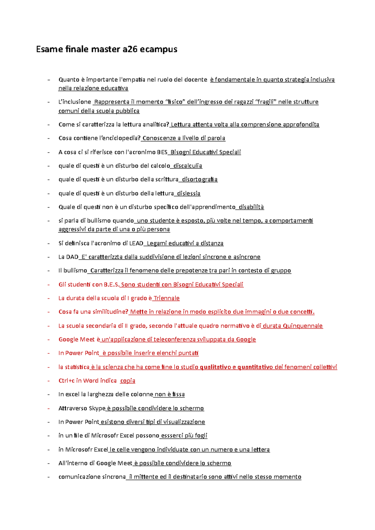 Esame finale master a26 ecampus - E. Sono studen 1 con Bisogni Educa 1 vi Speciali La durata ...
