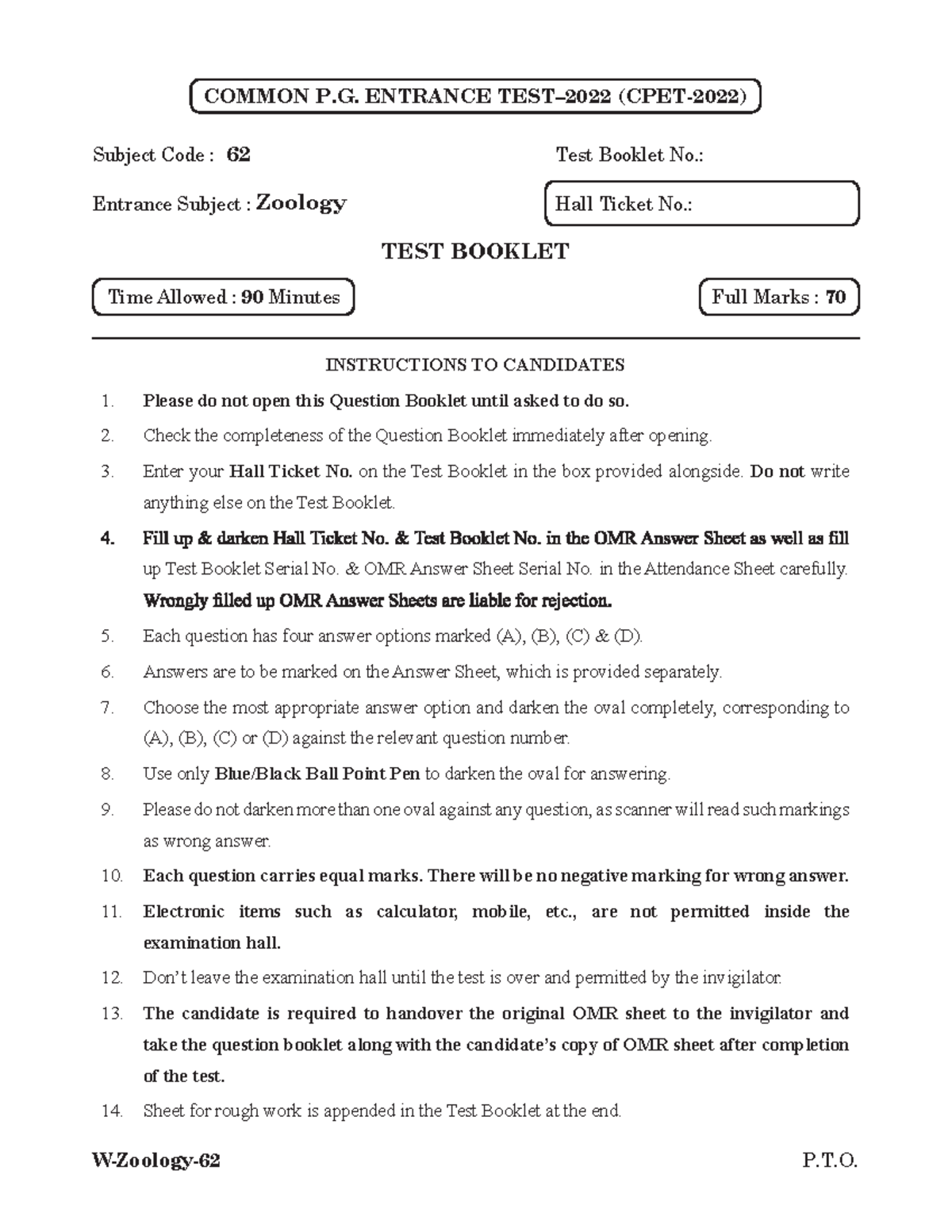 Zoology 2022 - Ok done - W-Zoology-62 P.T. INSTRUCTIONS TO CANDIDATES 1 ...