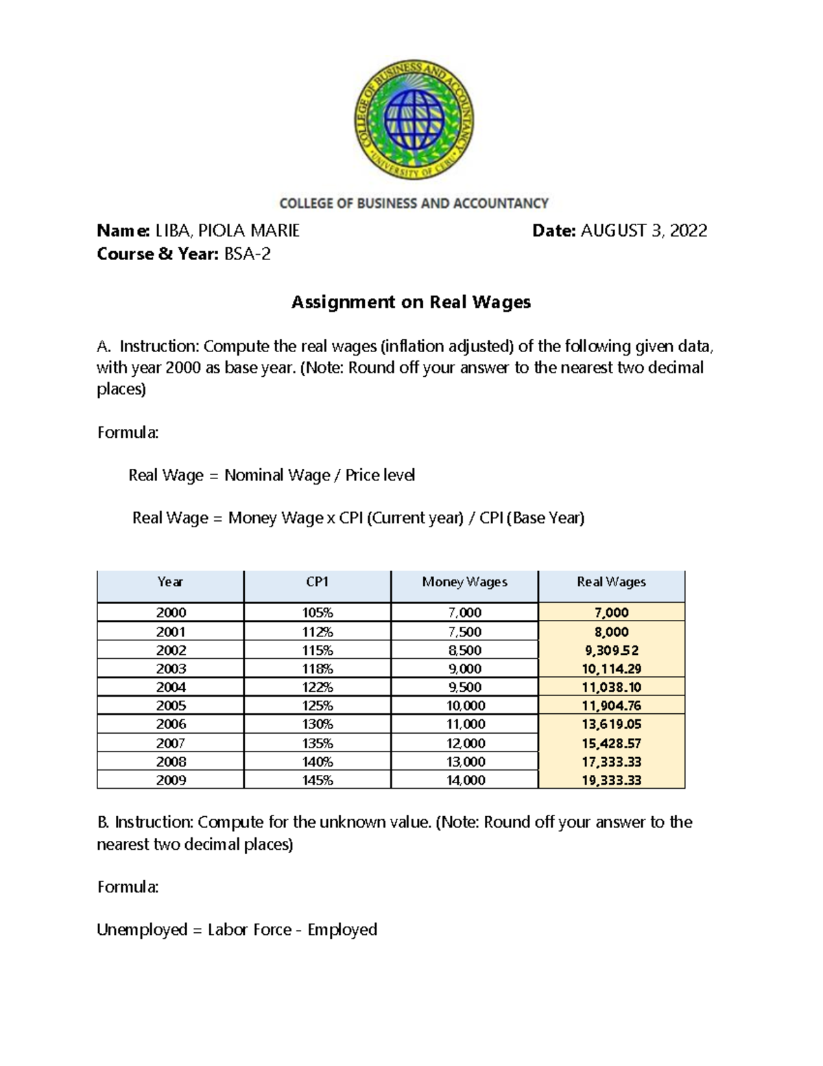 LIBA. Assignment on Real Wages - Name: LIBA, PIOLA MARIE Date: AUGUST 3 ...