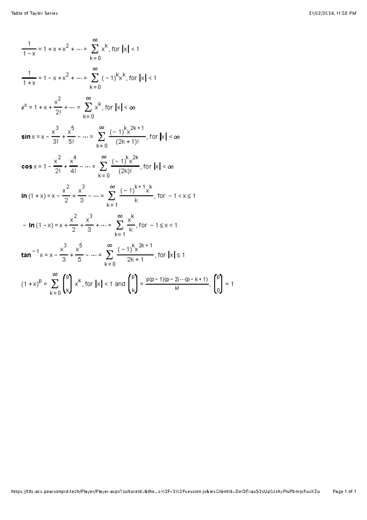 Table of Taylor Series - - Studocu