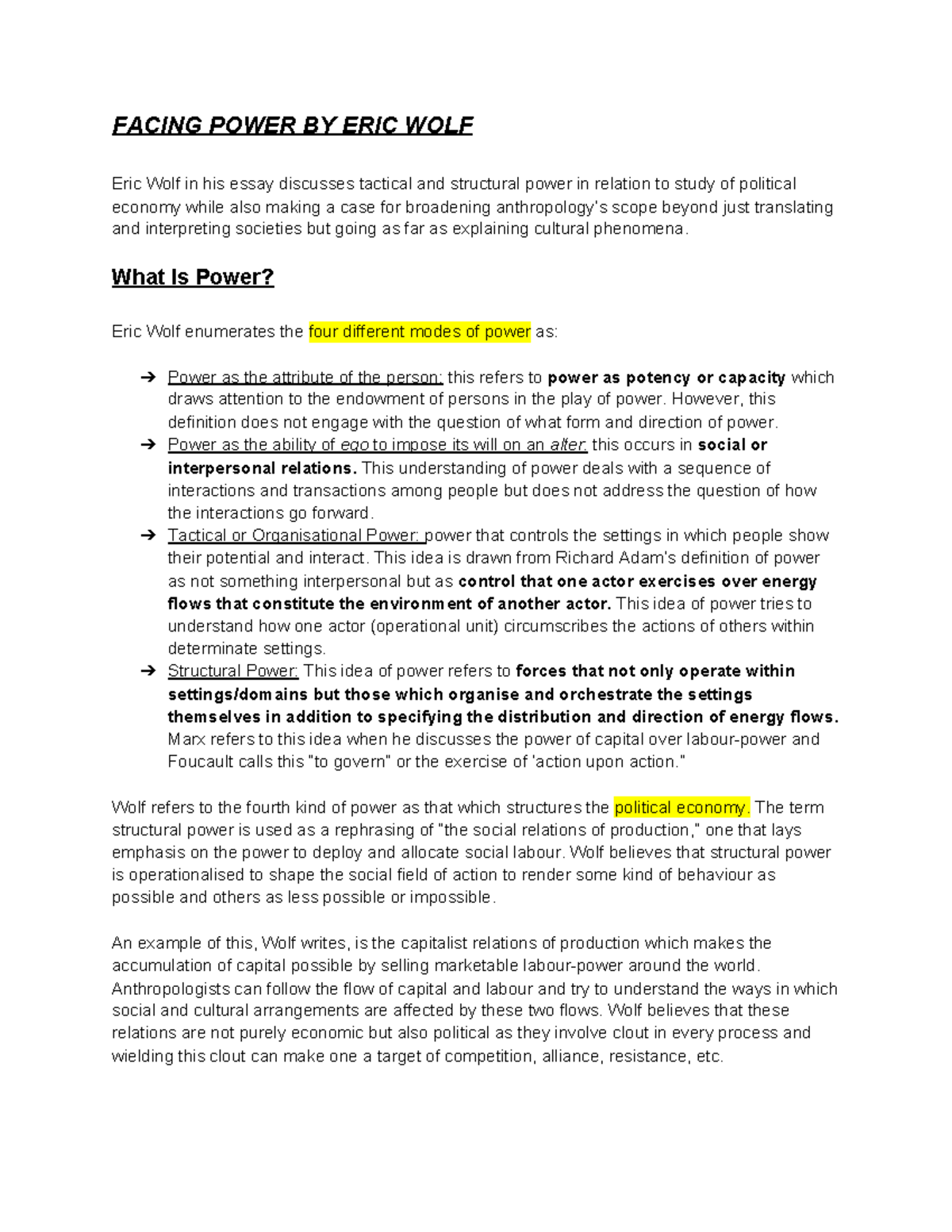 FACING POWER BY ERIC WOLF - What Is Power? Eric Wolf enumerates the ...