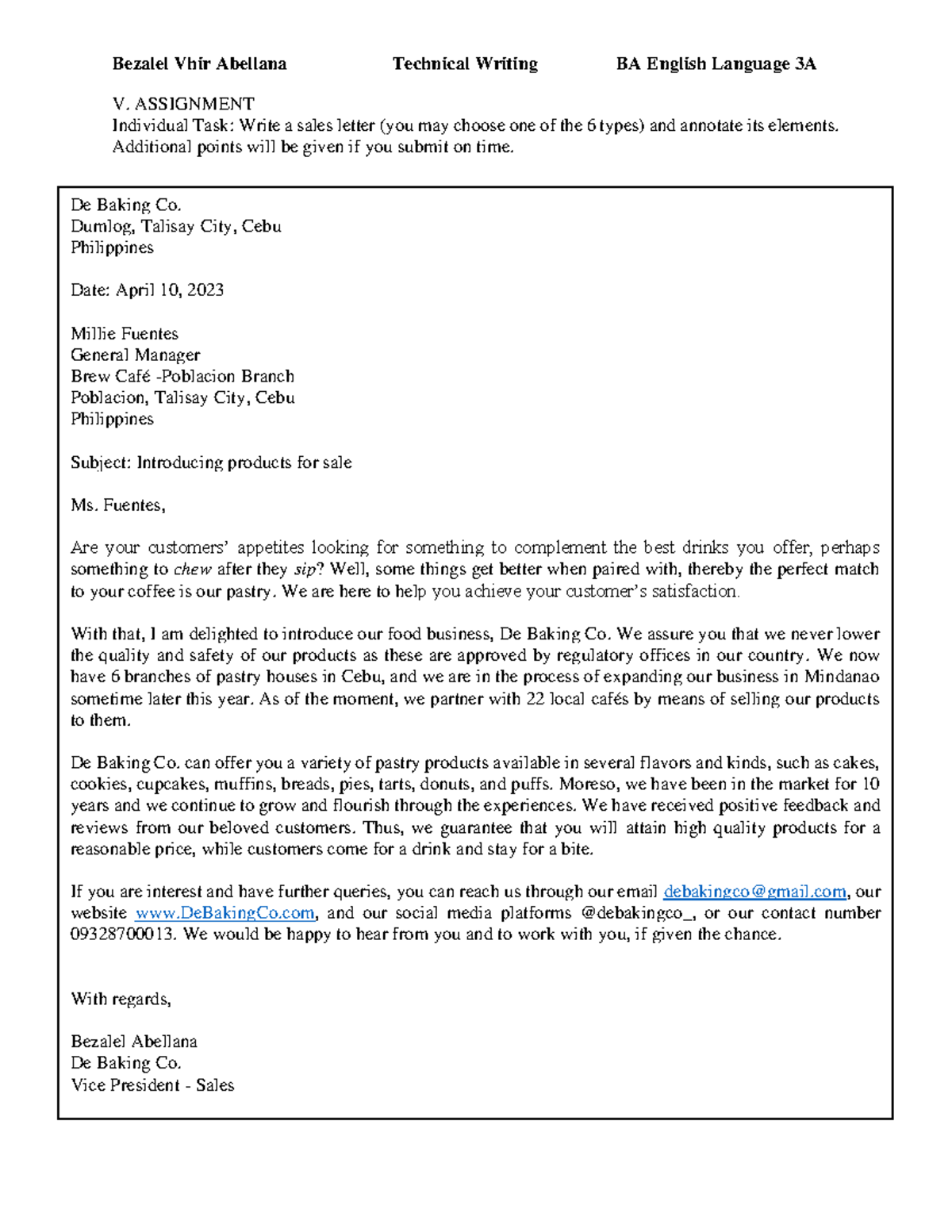 Sales Letter - Sample - Bezalel Vhir Abellana Technical Writing BA ...