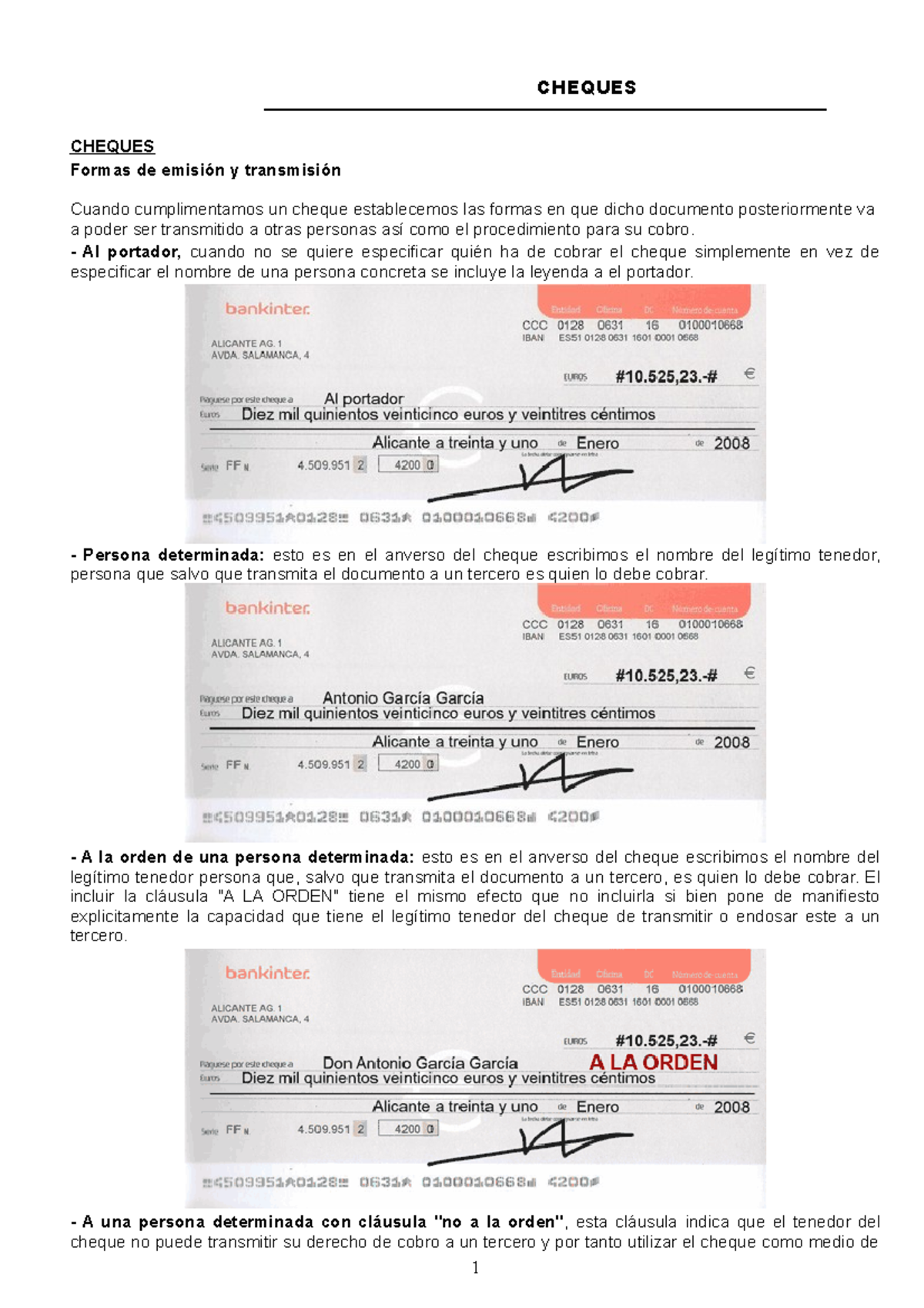 Cheques - CHEQUES Formas de emisión y transmisión Cuando cumplimentamos ...