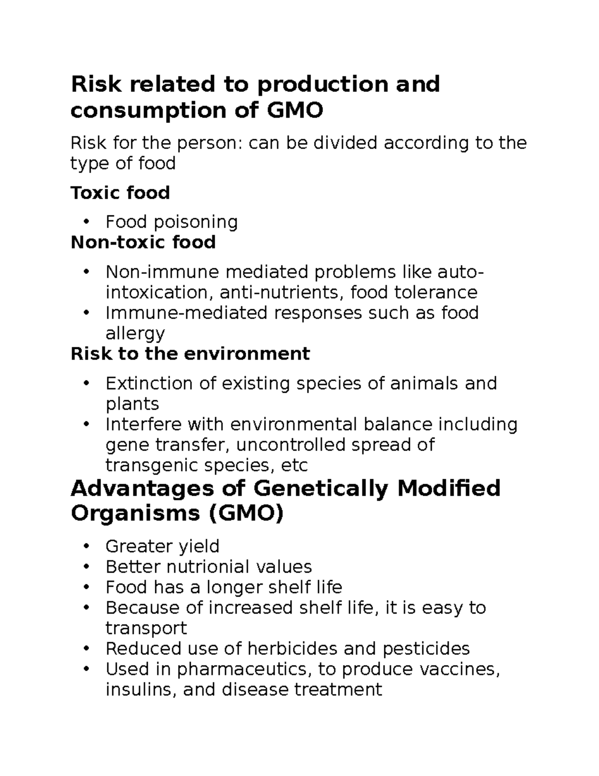 Bio 51 - Notes - Risk related to production and consumption of GMO Risk ...
