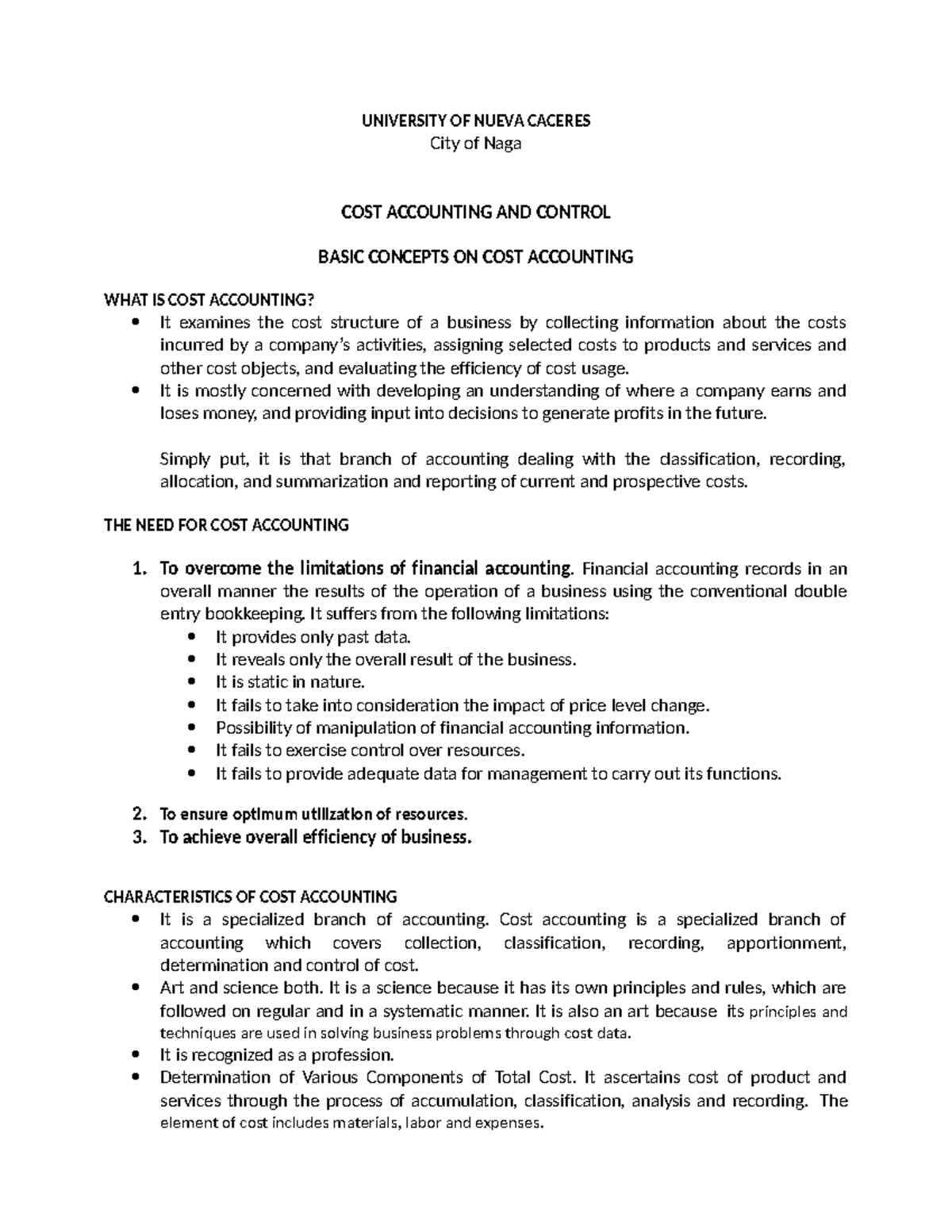 Lesson 1 Basic Concepts in Cost Accounting - UNIVERSITY OF NUEVA CACERES City of Naga COST - Studocu