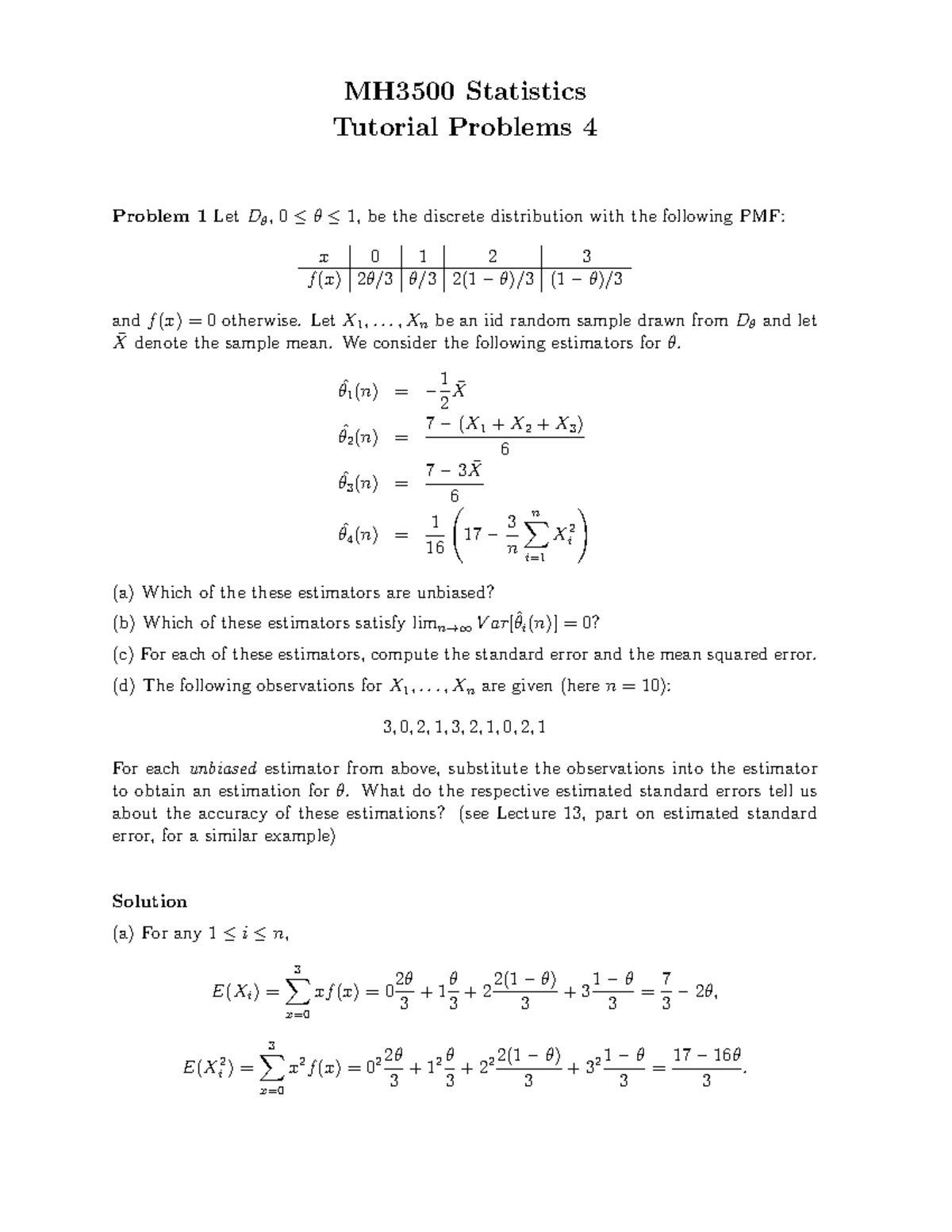 Tutorial 4 Solutions MH3500 Notes - MH3500 Statistics Tutorial Problems ...