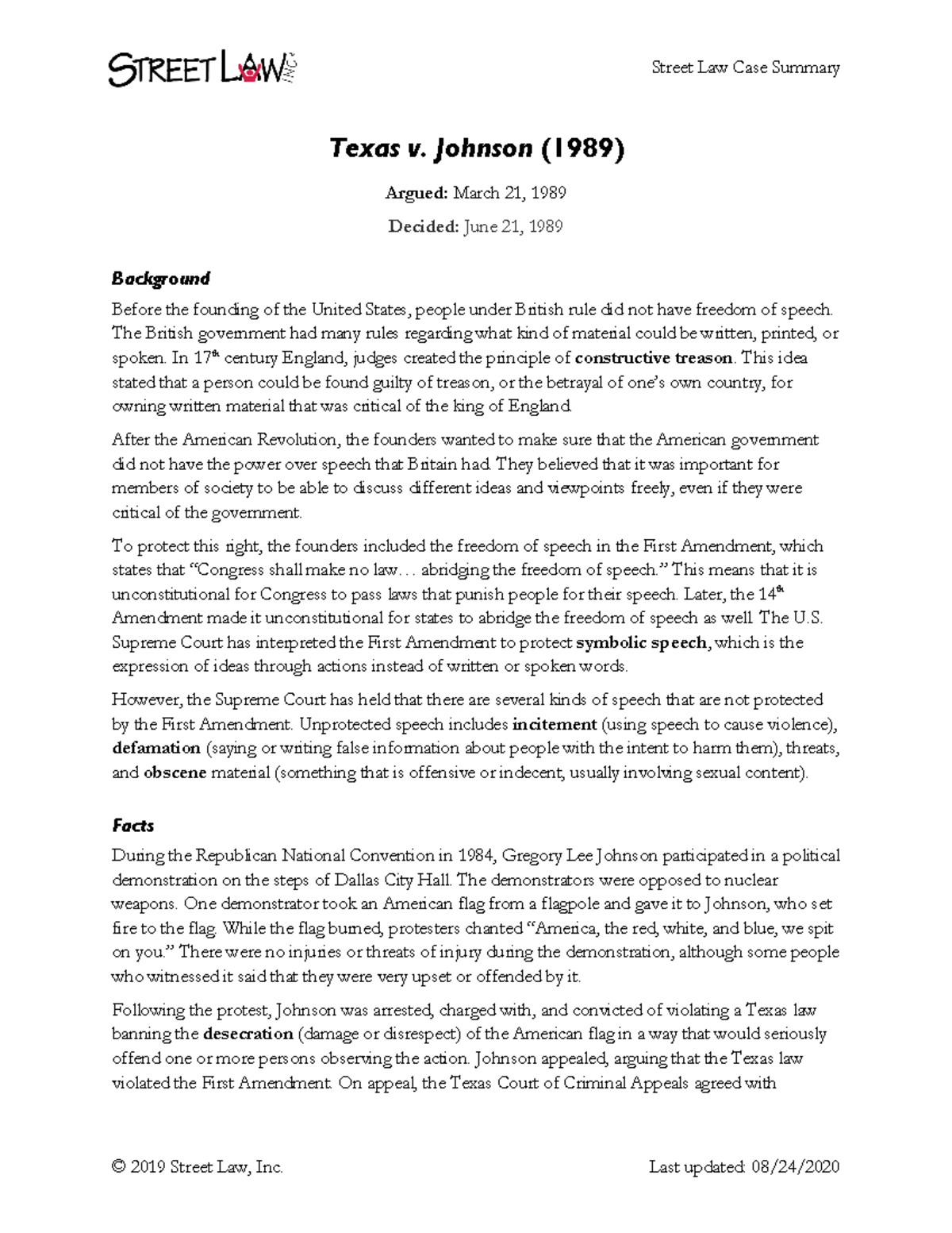Texas vs. Johnson - Street Law Case Summary © 2019 Street Law, Inc ...
