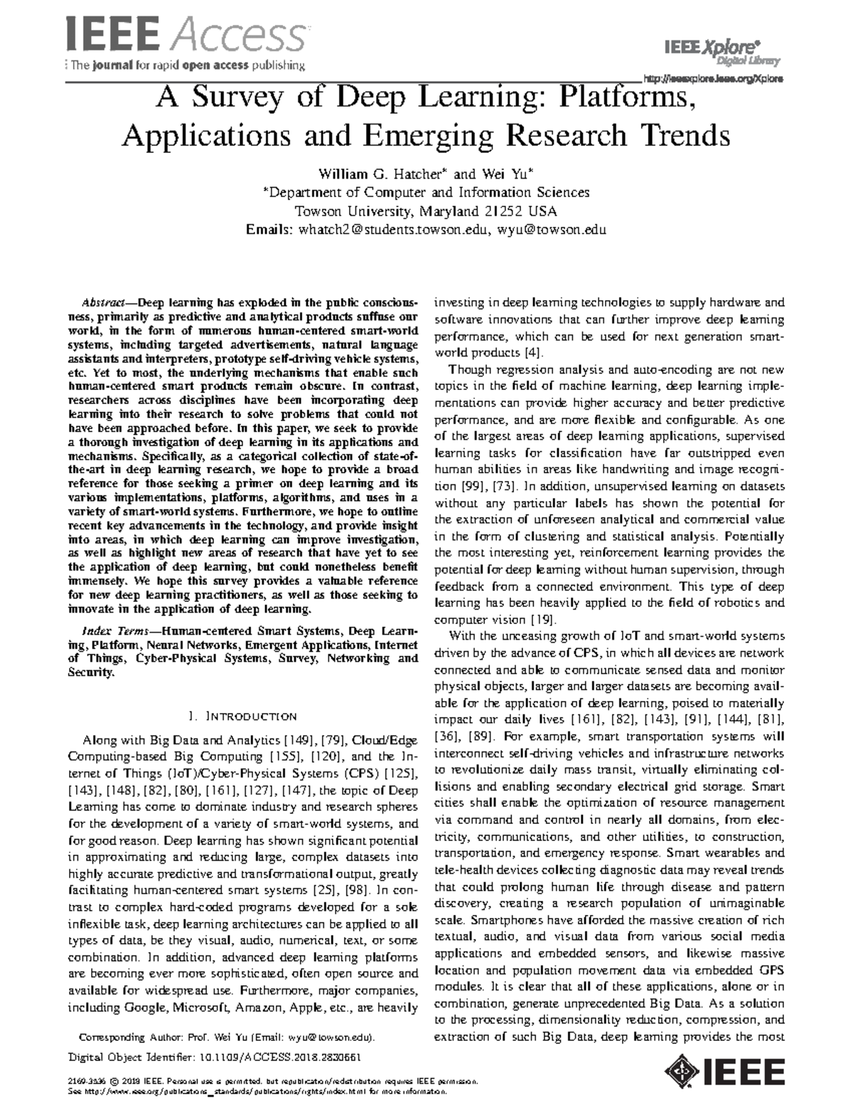 A Survey of Deep Learning Platforms Applications and Emerging Research Trends - Hatcher∗ and Wei ...