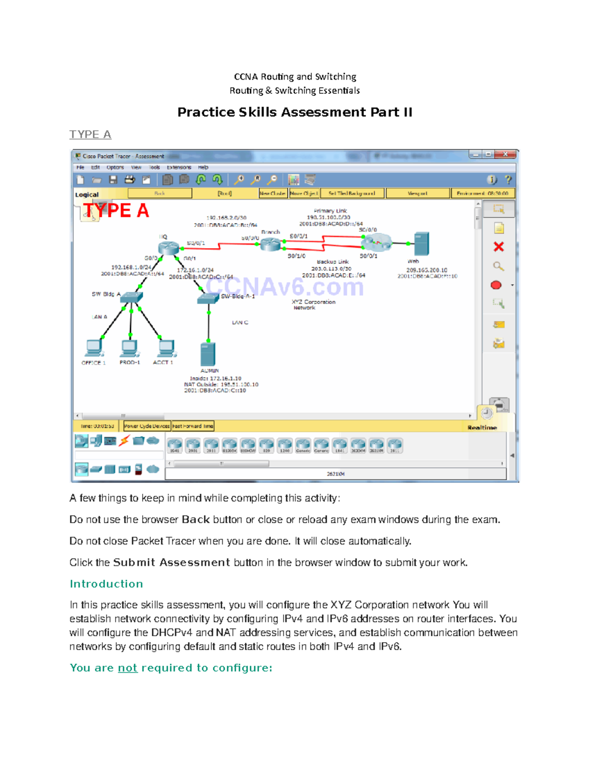 CNA Routing & Switching Essentials Practice Skills Assessment Part II - Type A - CCNA Routing ...