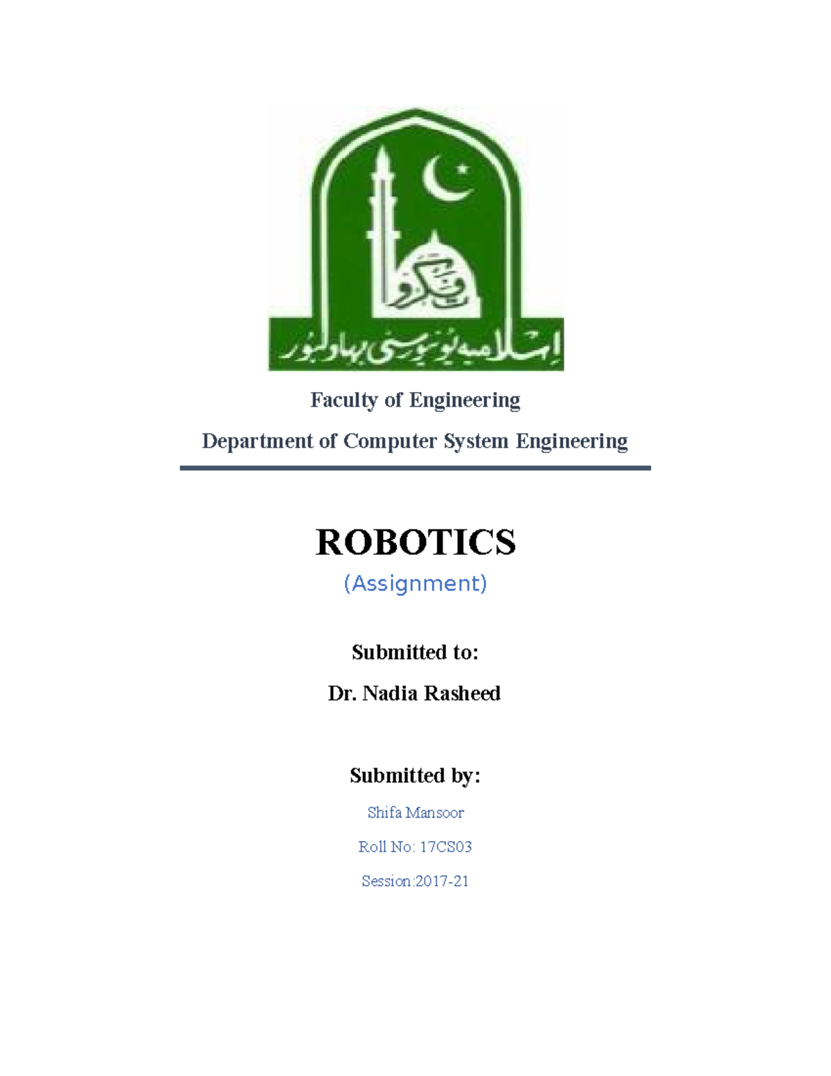 Chap 01 assignment - Robotics - Faculty of Engineering Department of ...