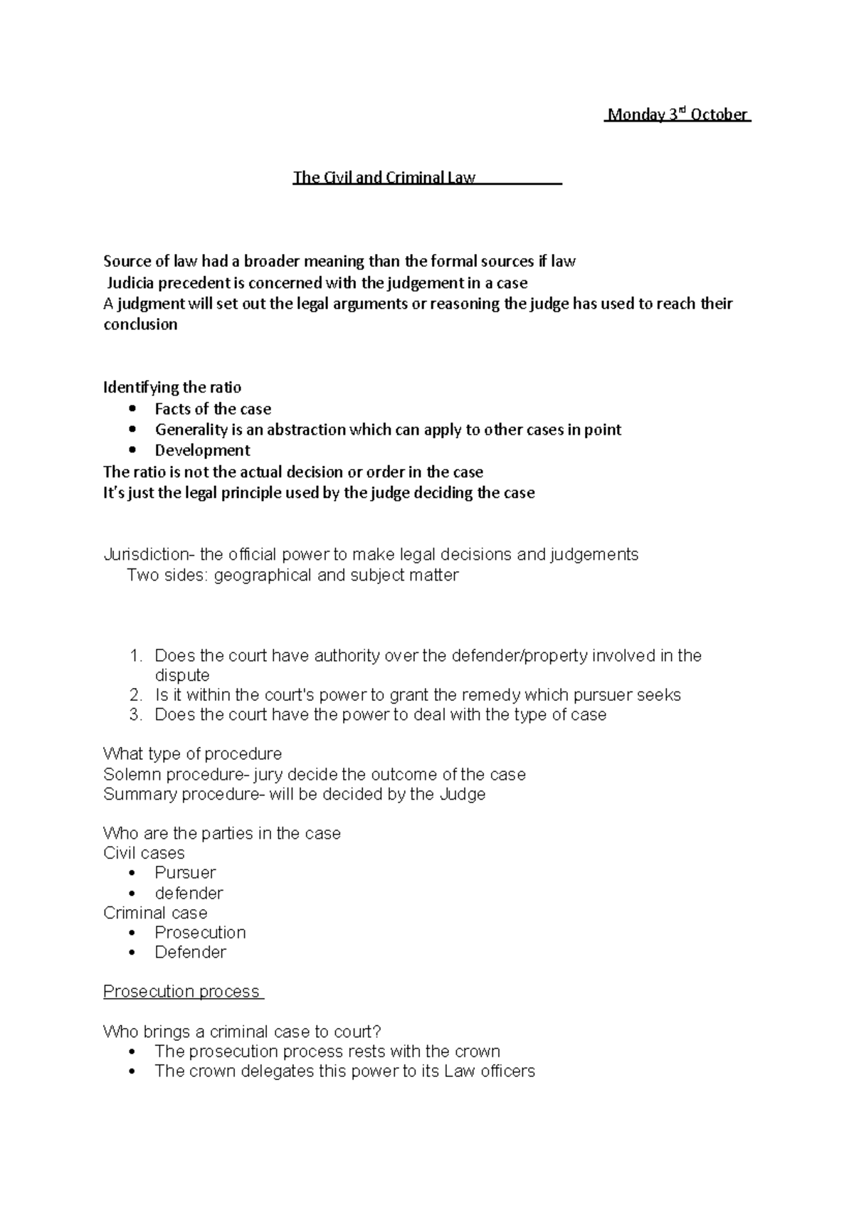 The Civil and Criminal law - Monday 3rd October The Civil and Criminal ...
