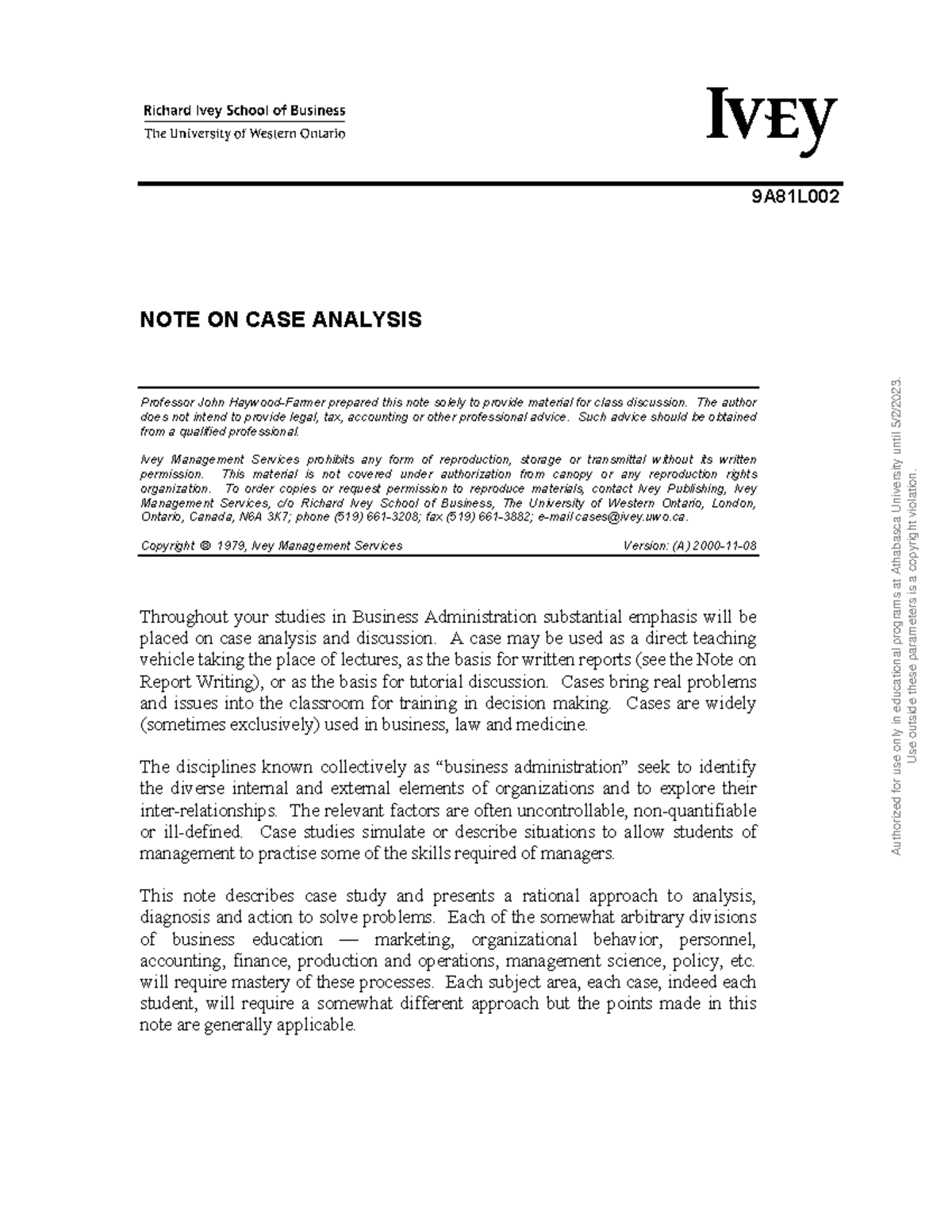 ACCT454v8 Note On Case Analysis 1979 - ̊ ̋ı#