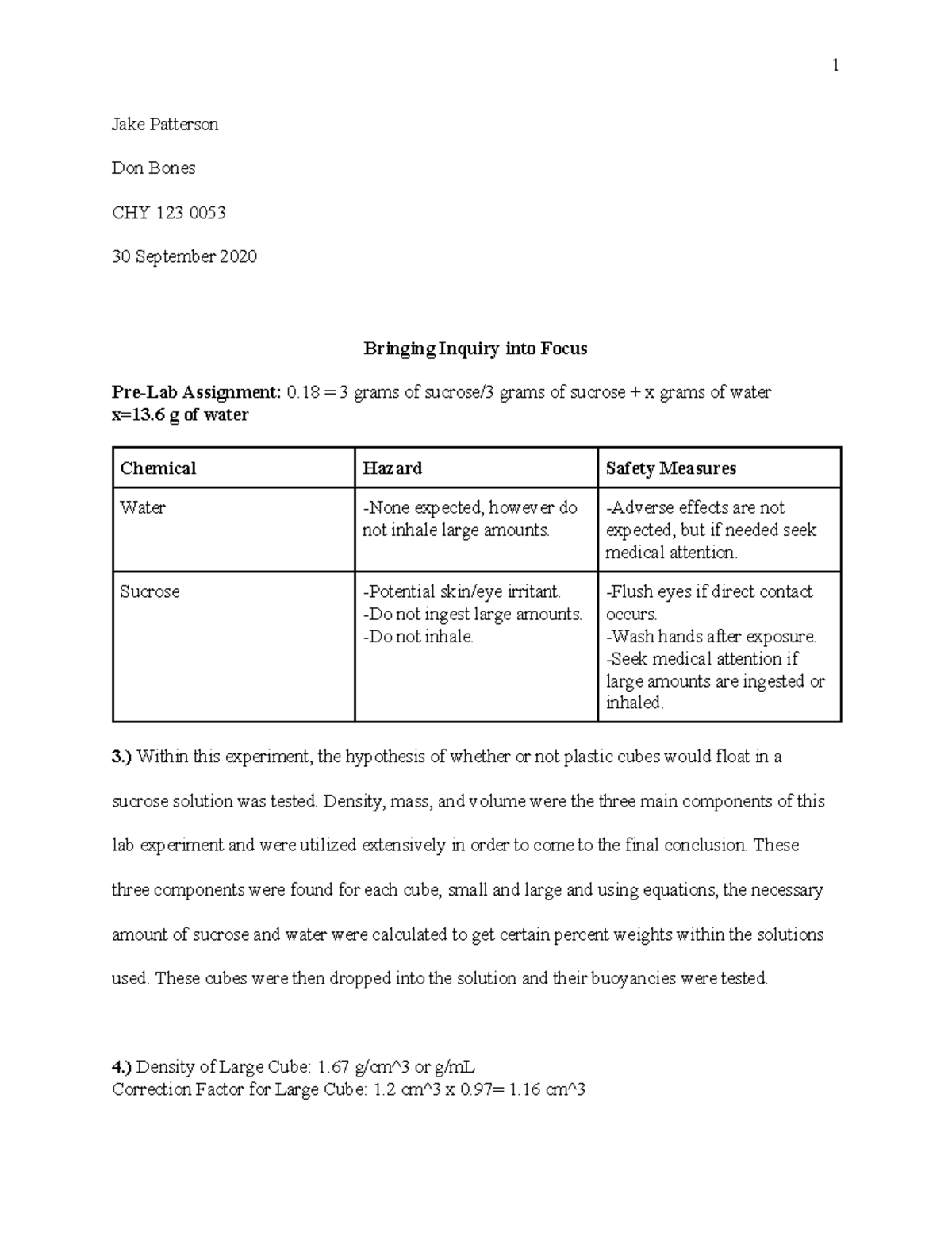 Chem Lab Report 2 Inquiry to Focus - 1 Jake Patterson Don Bones CHY 123 ...