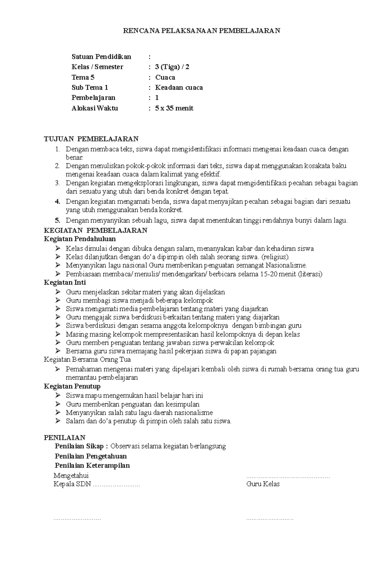 RPP 1 Lembar Kelas 3 Tema 5 Subtema 1 Pembelajaran 1 - RENCANA PELAKSANAAN PEMBELAJARAN Satuan ...
