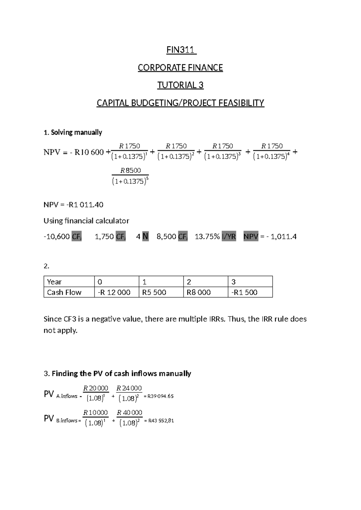 FIN311 Tutorial 3 Solutions - FIN CORPORATE FINANCE TUTORIAL 3 CAPITAL ...