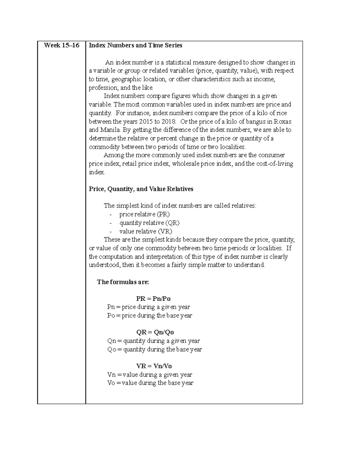 AE 11 Index Numbers Time Series and Forecasting - Week 15–16 Index ...