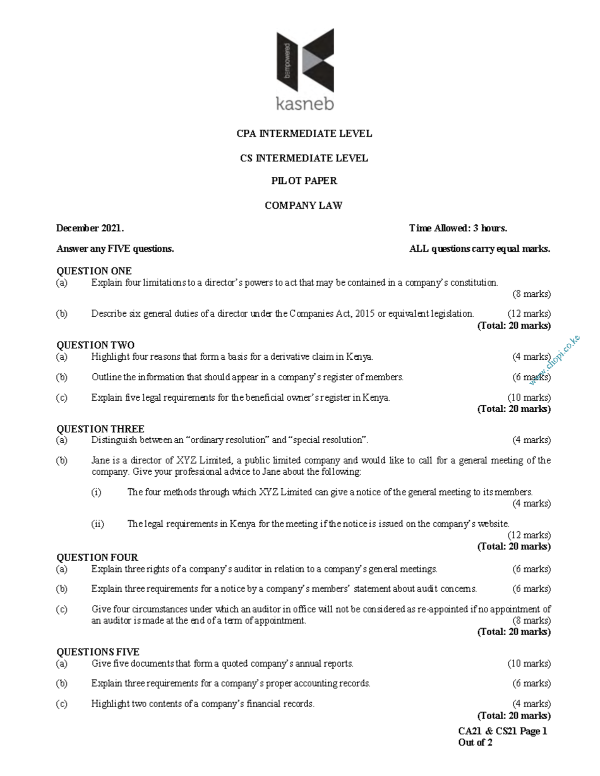 Company Law 2015 Aug 2022 Past Papers - CA21 & CS21 Page 1Out of 2 CPA ...