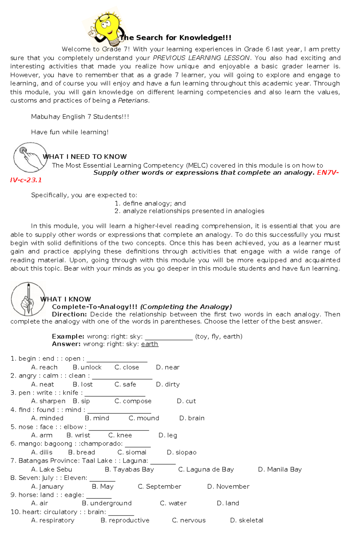 Quarter 1 (Module 1) - English Learning Notes - The Search for ...
