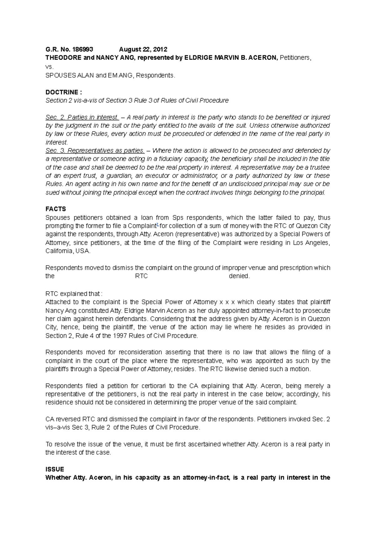Ang v. Ang G.R. No. 186993 - Civil Procedure - G. No. 186993 August 22 ...