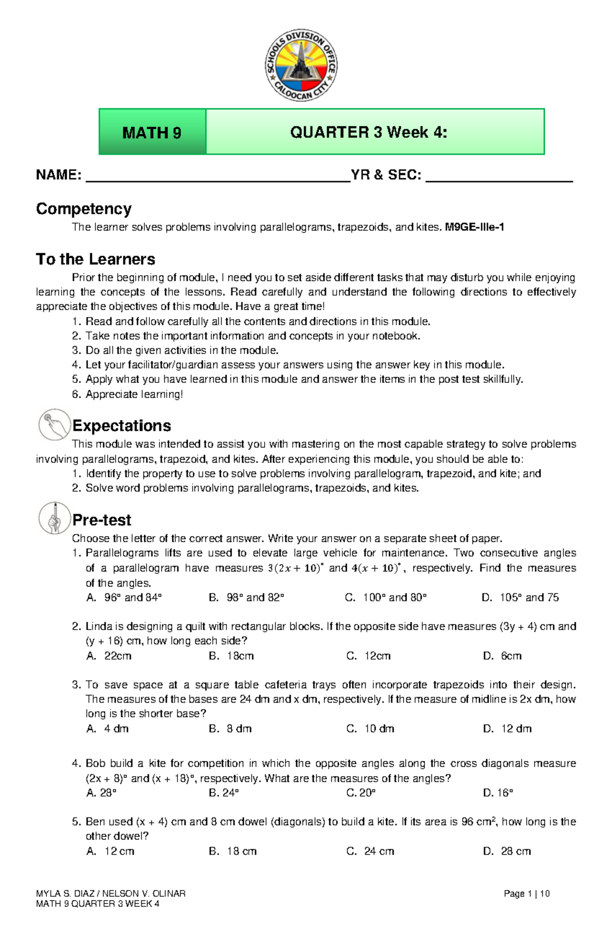 Math 9 Q3 Week 4 learn - MYLA S. DIAZ / NELSON V. OLINAR Page 1 | 10 ...