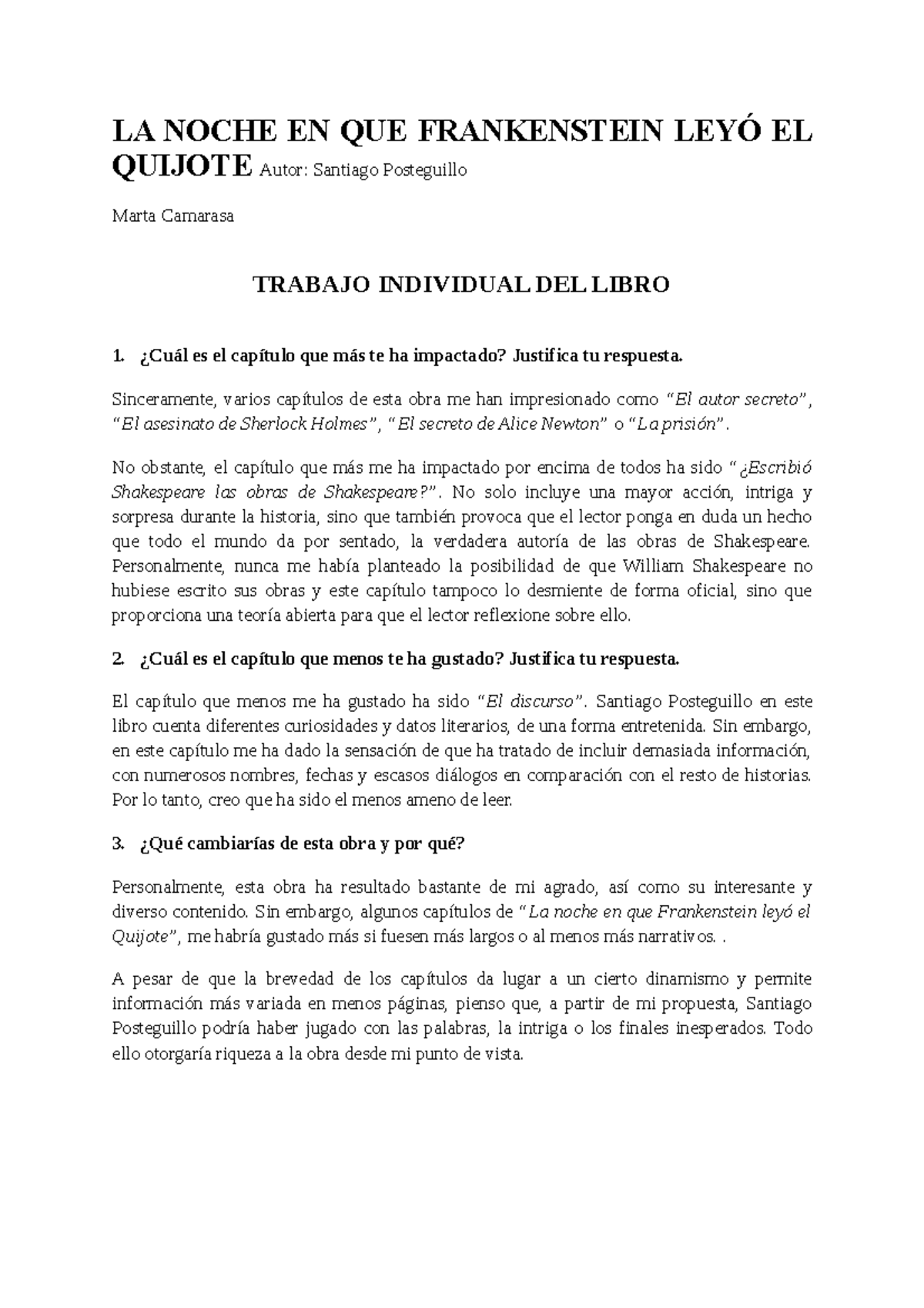 Trabajo individual del libro de lectura - Primer trimestre - LA NOCHE EN QUE FRANKENSTEIN LEYÓ ...