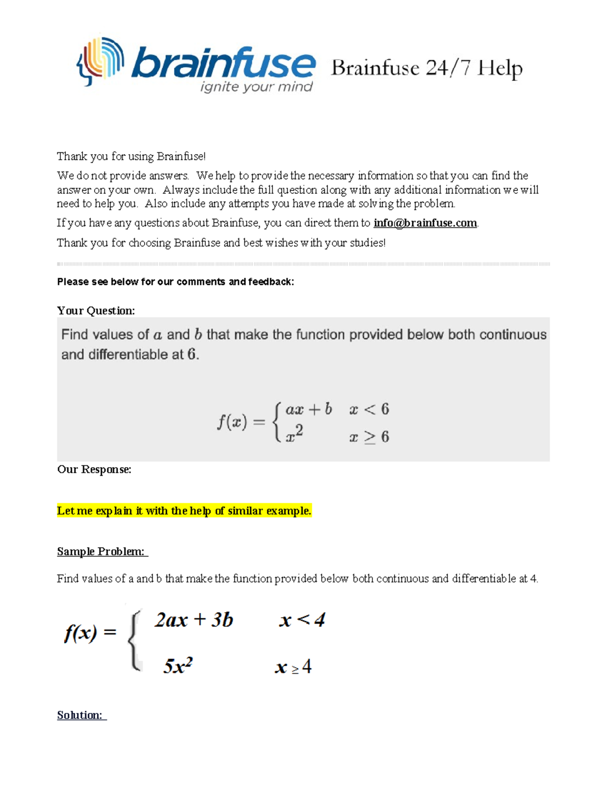 Brainfuse Feedback and Problem Solving Guide - Thank you for using ...