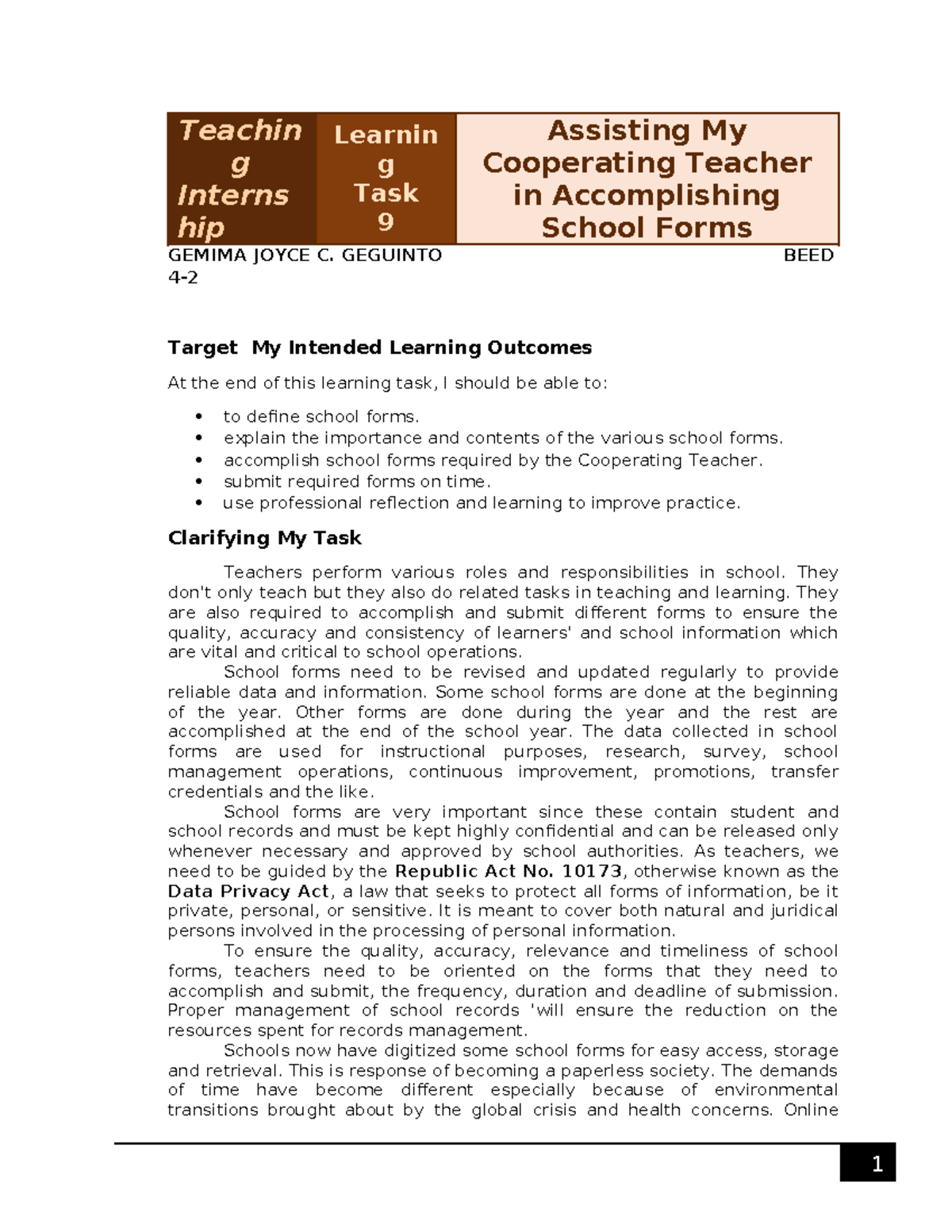 JOY Learning Task 9 Assisting My Cooperating Teacher in Accomplishing ...