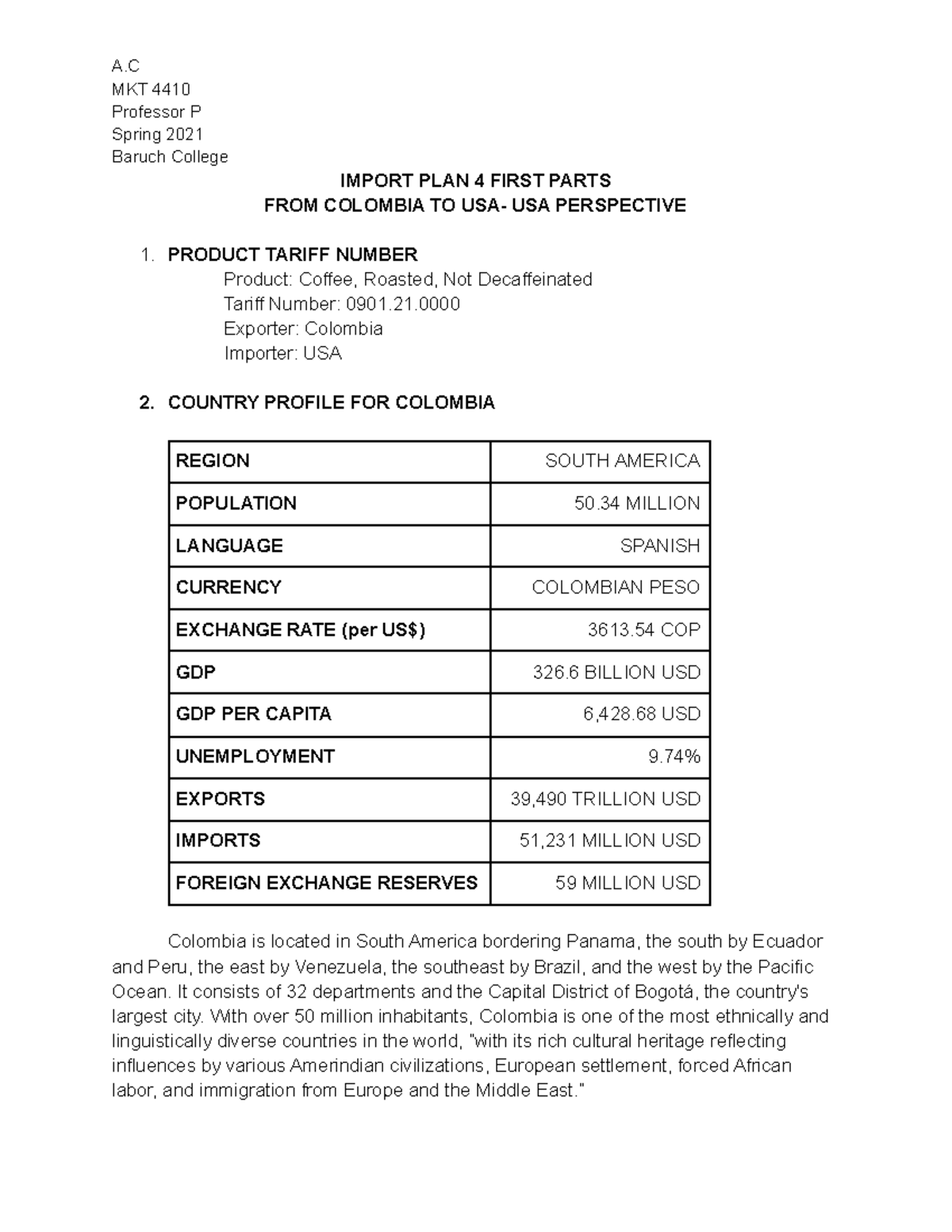 Import/Export Plan - A MKT 4410 Professor P Spring 2021 Baruch College ...
