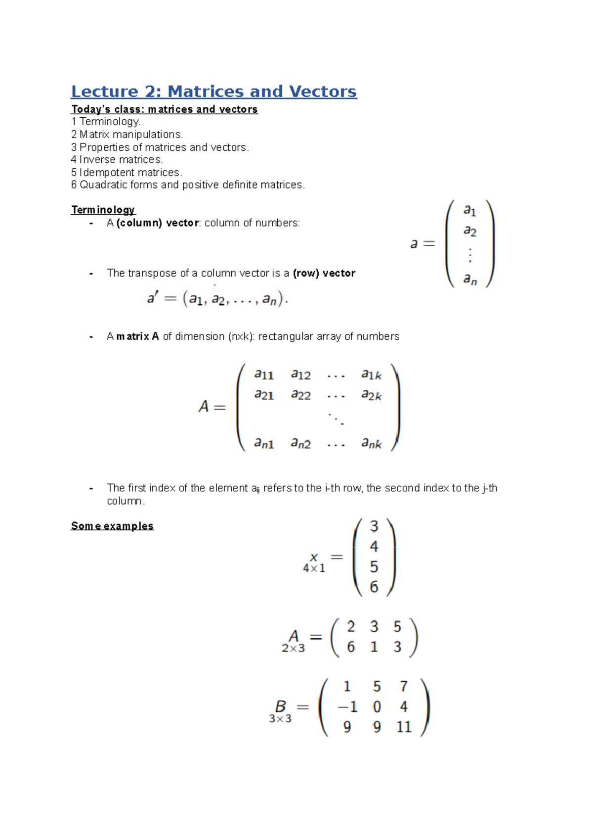 Lecture 2 Matrices and Vectors - Lecture 2: Matrices and Vectors Today ...