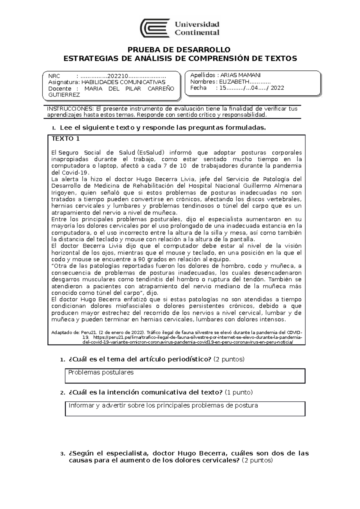examen de habilidades - PRUEBA DE DESARROLLO ESTRATEGIAS DE ANÁLISIS DE ...