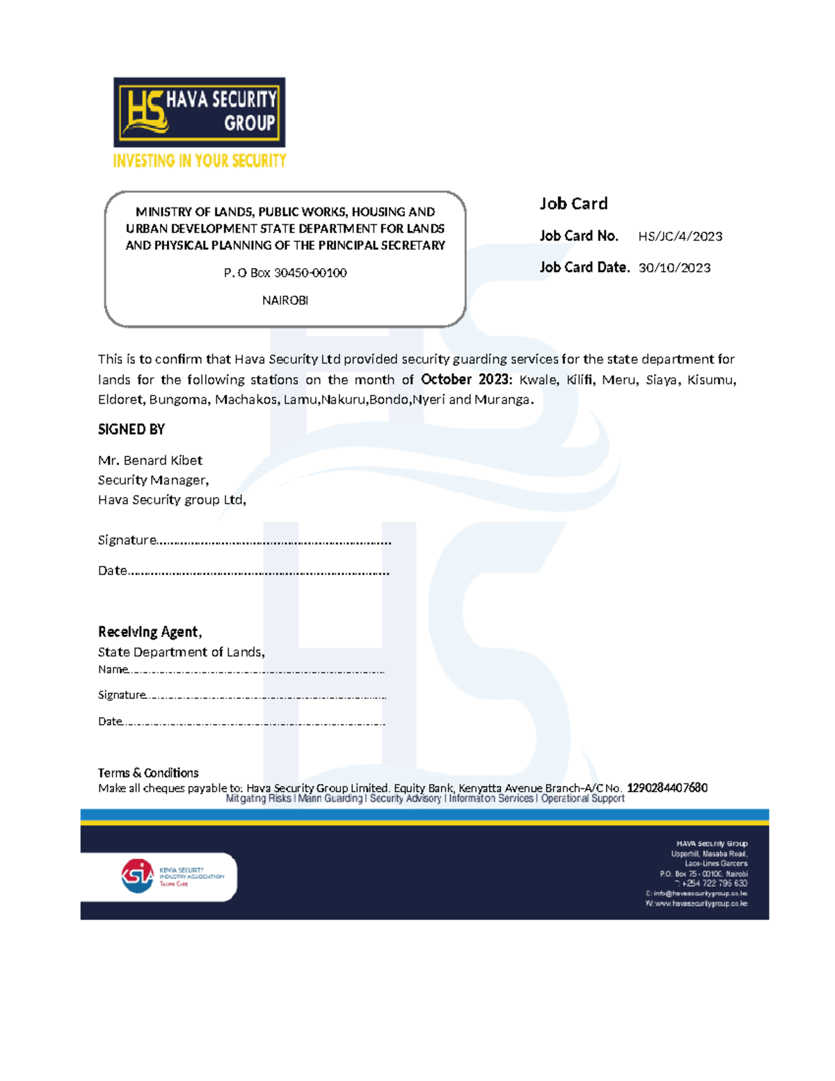 Job Card- Oct 2023 - EFQWG - Job Card Job Card No. HS/JC/4/ Job Card ...