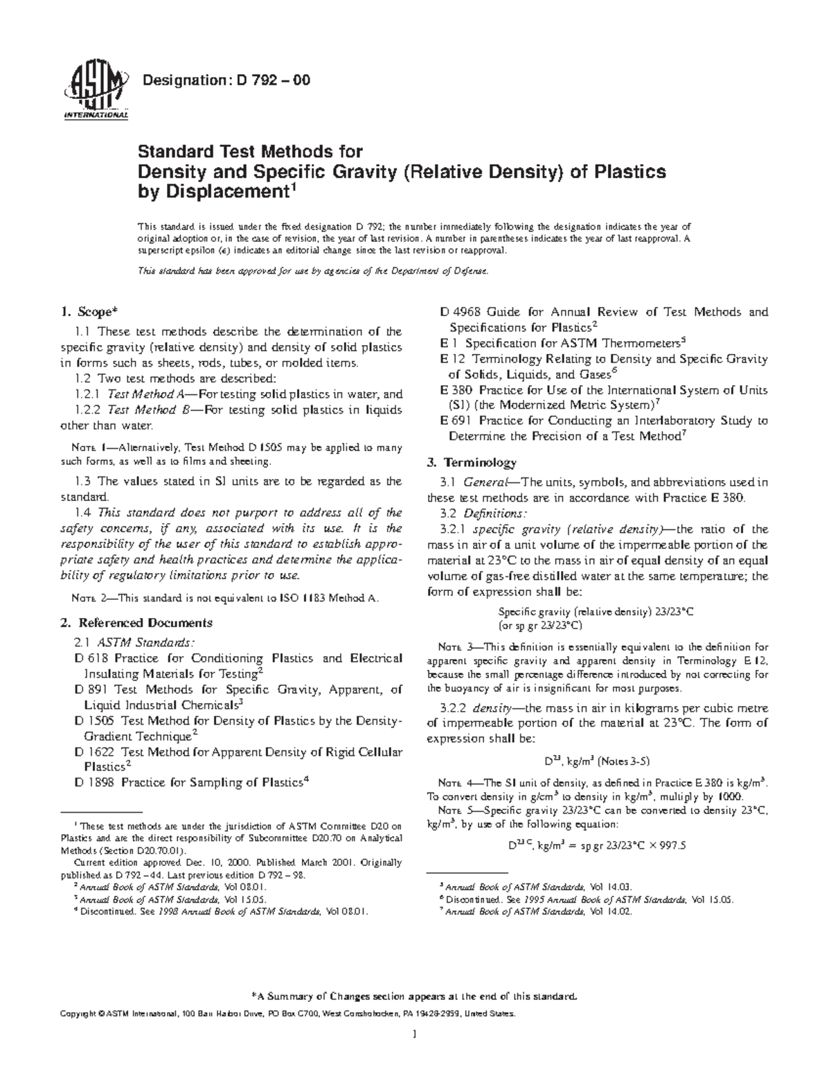 D 792 – 00 ;RDC5MG - Norma - Designation: D 792 – 00 Standard Test ...