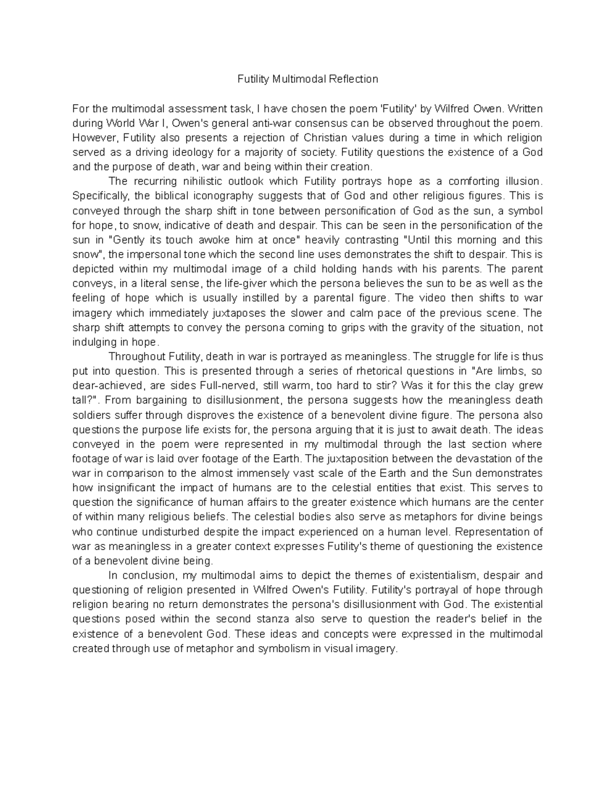 Exemplar 1 A Range - Assessment - Futility Multimodal Reflection For ...