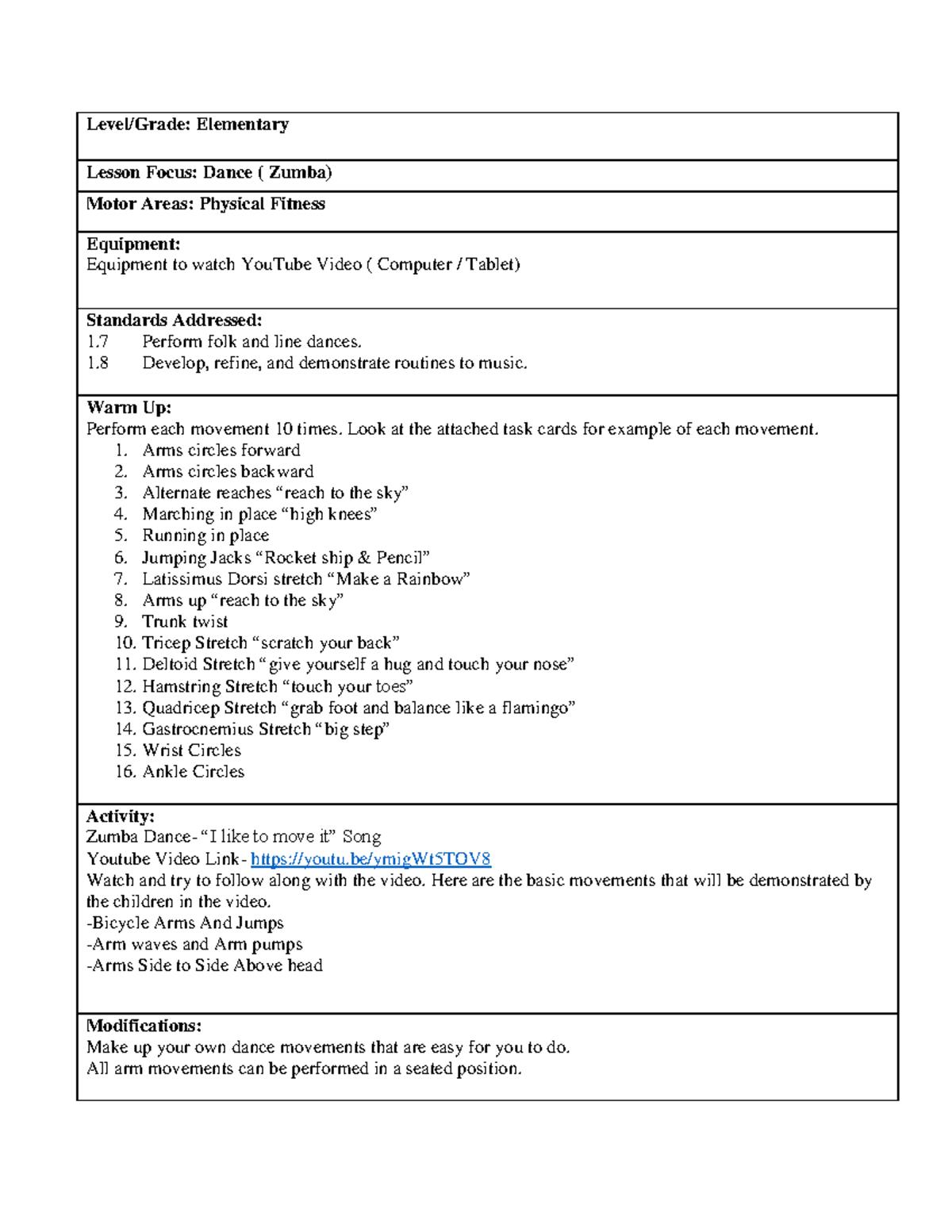Elementary Lesson Plans - Level/Grade: Elementary Lesson Focus: Dance ...