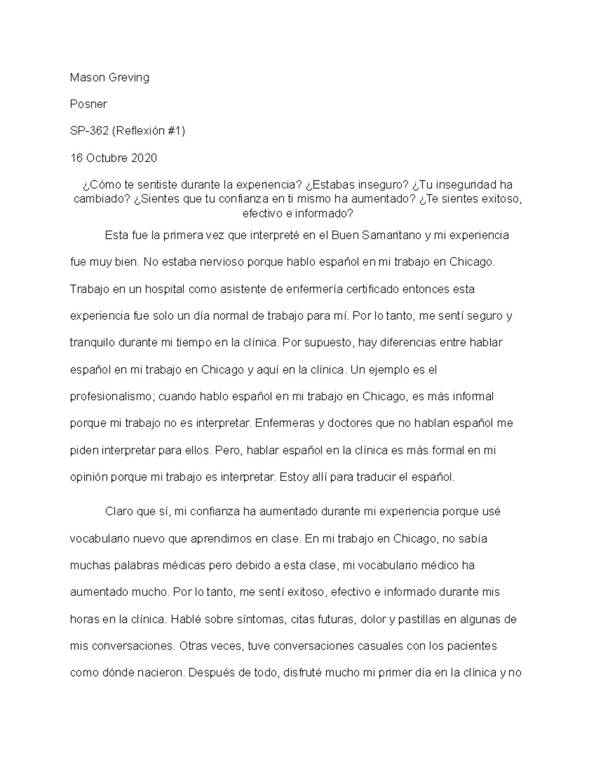 SP - 362 Reflexión #1 - Reflection #1 - Mason Greving Posner SP-362 ...