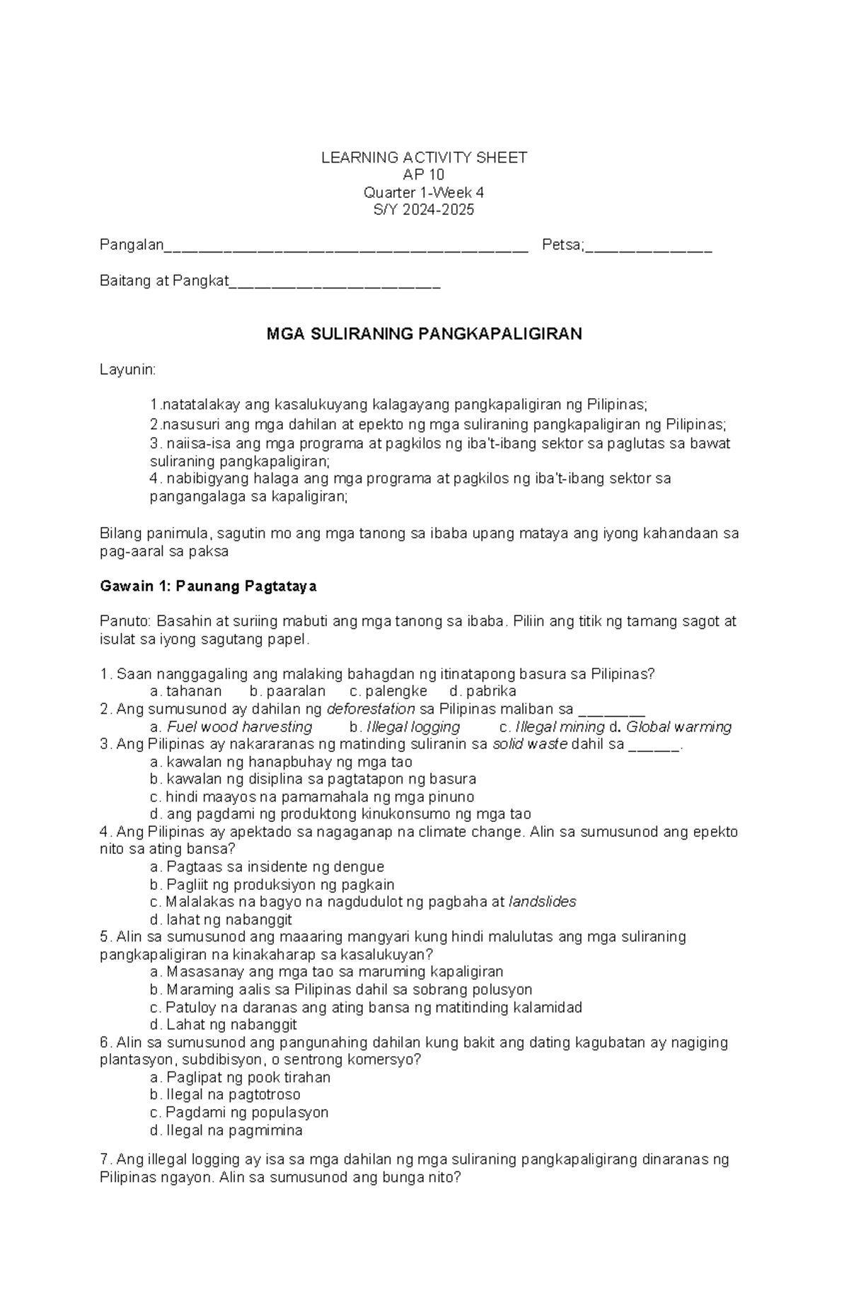 Activity Sheet - LEARNING ACTIVITY SHEET AP 10 Quarter 1-Week 4 S/Y ...