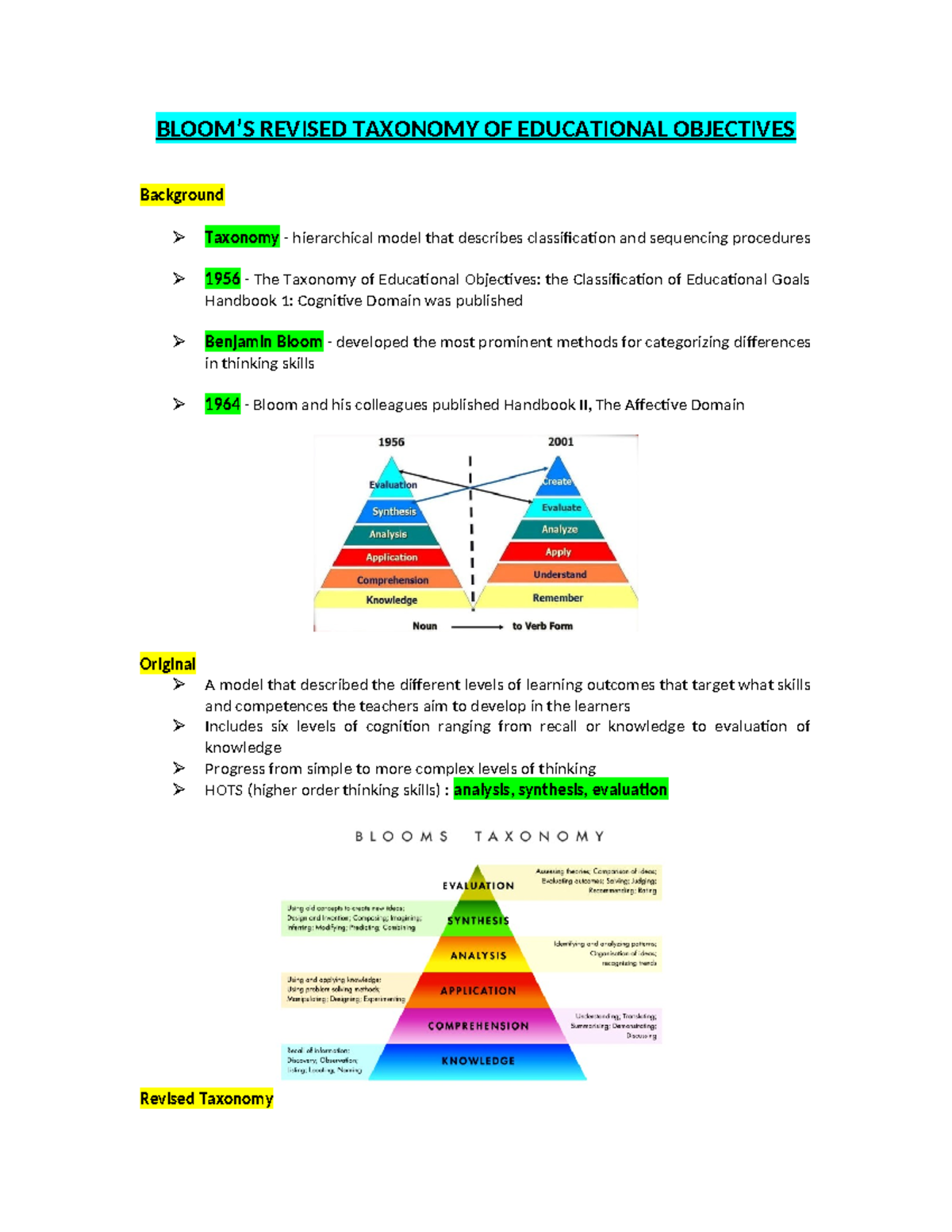 Bloom’S Revised Taxonomy OF Educational Objectives - BLOOM’S REVISED ...