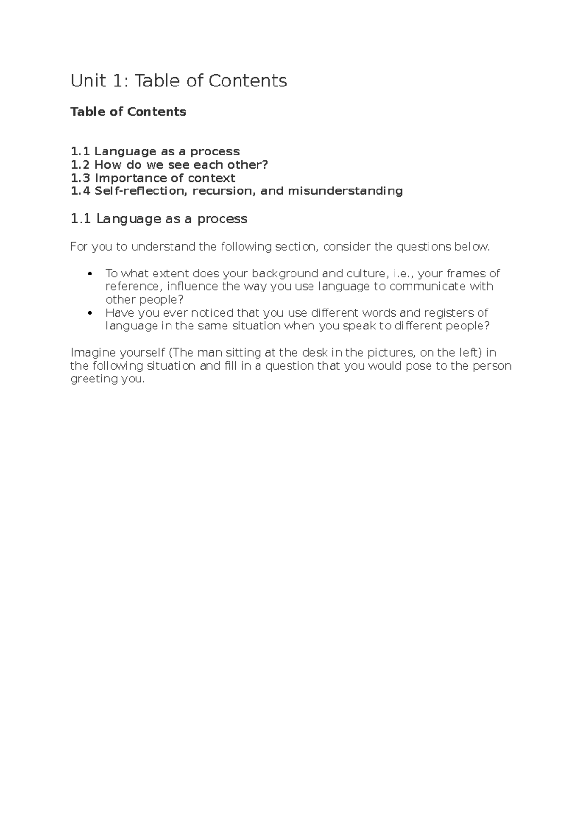 Draft notes - Unit 1: Table of Contents Table of Contents 1 Language as ...