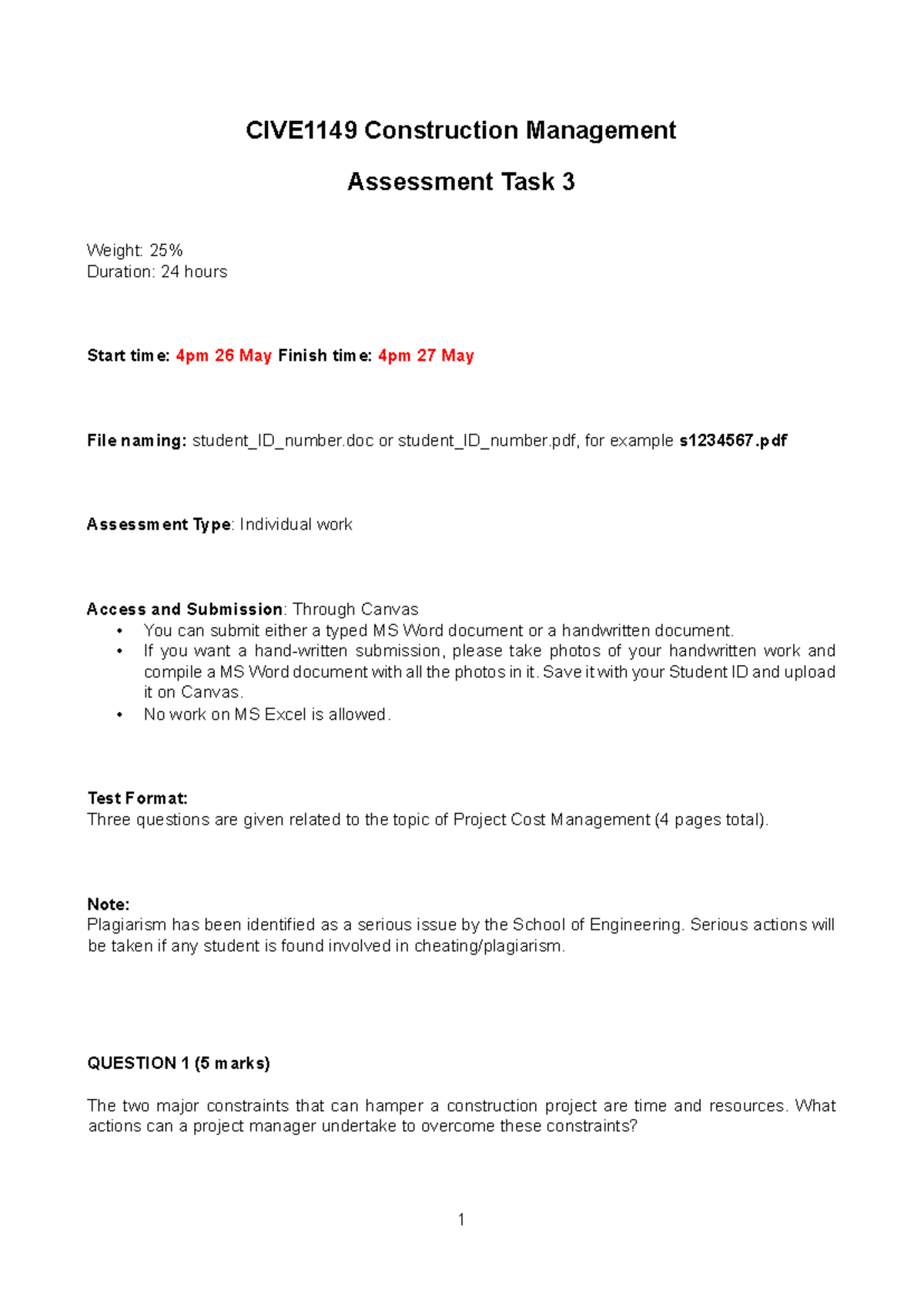 Construction Managemetn Assignment 3 - CIVE1149 Construction Management ...