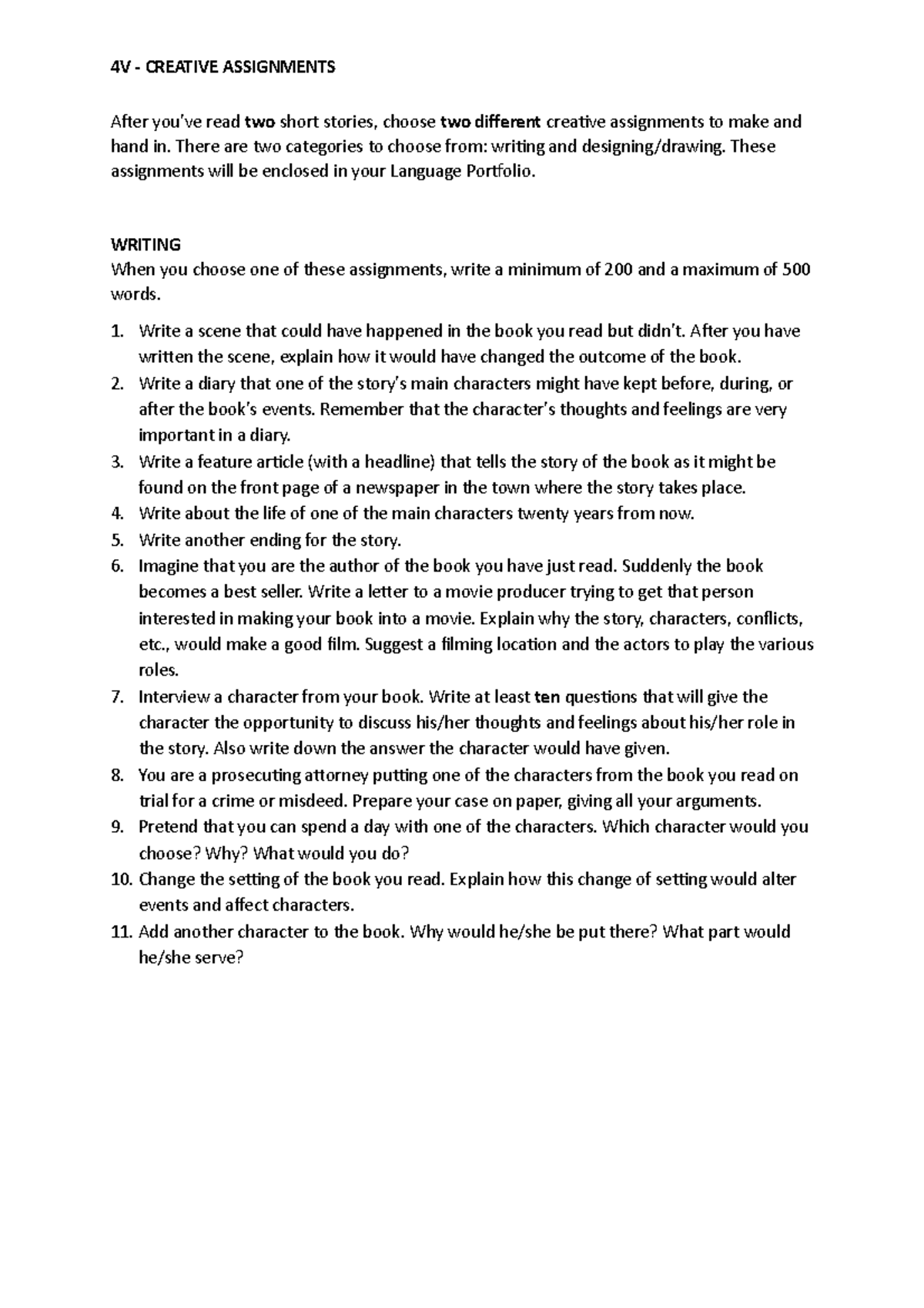 4V Creative assignments 1 - 4V - CREATIVE ASSIGNMENTS After you’ve read two short stories ...