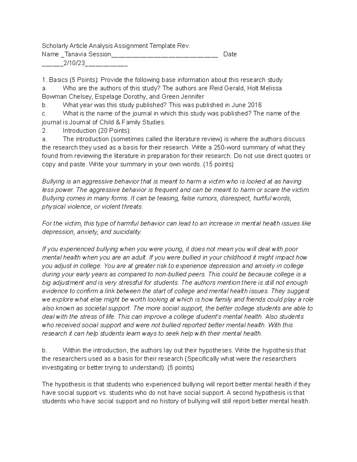 Scholarly Article Analysis Assignment 2 - Name Tanavia Session