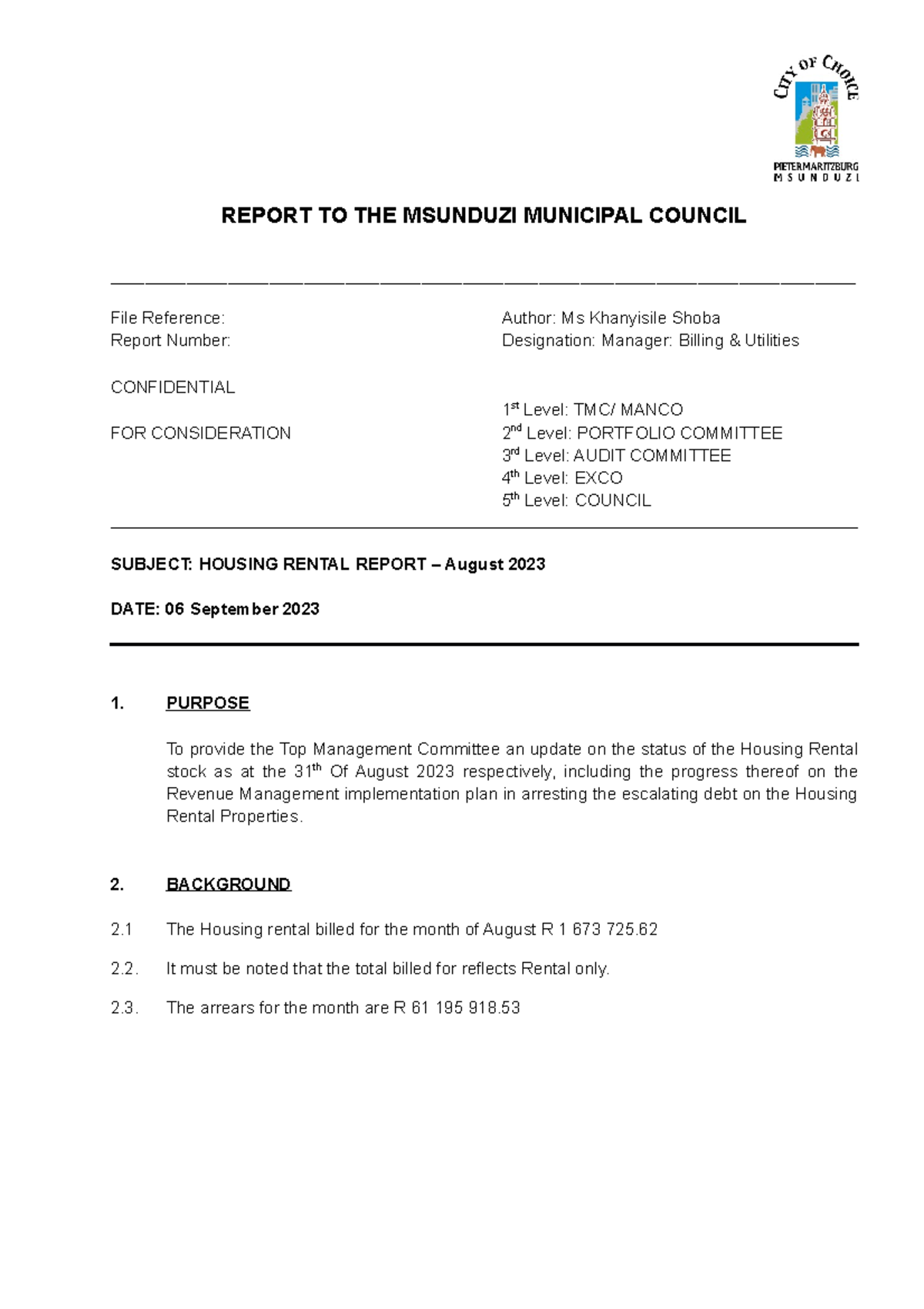 Housing report August 2023 - REPORT TO THE MSUNDUZI MUNICIPAL COUNCIL ...