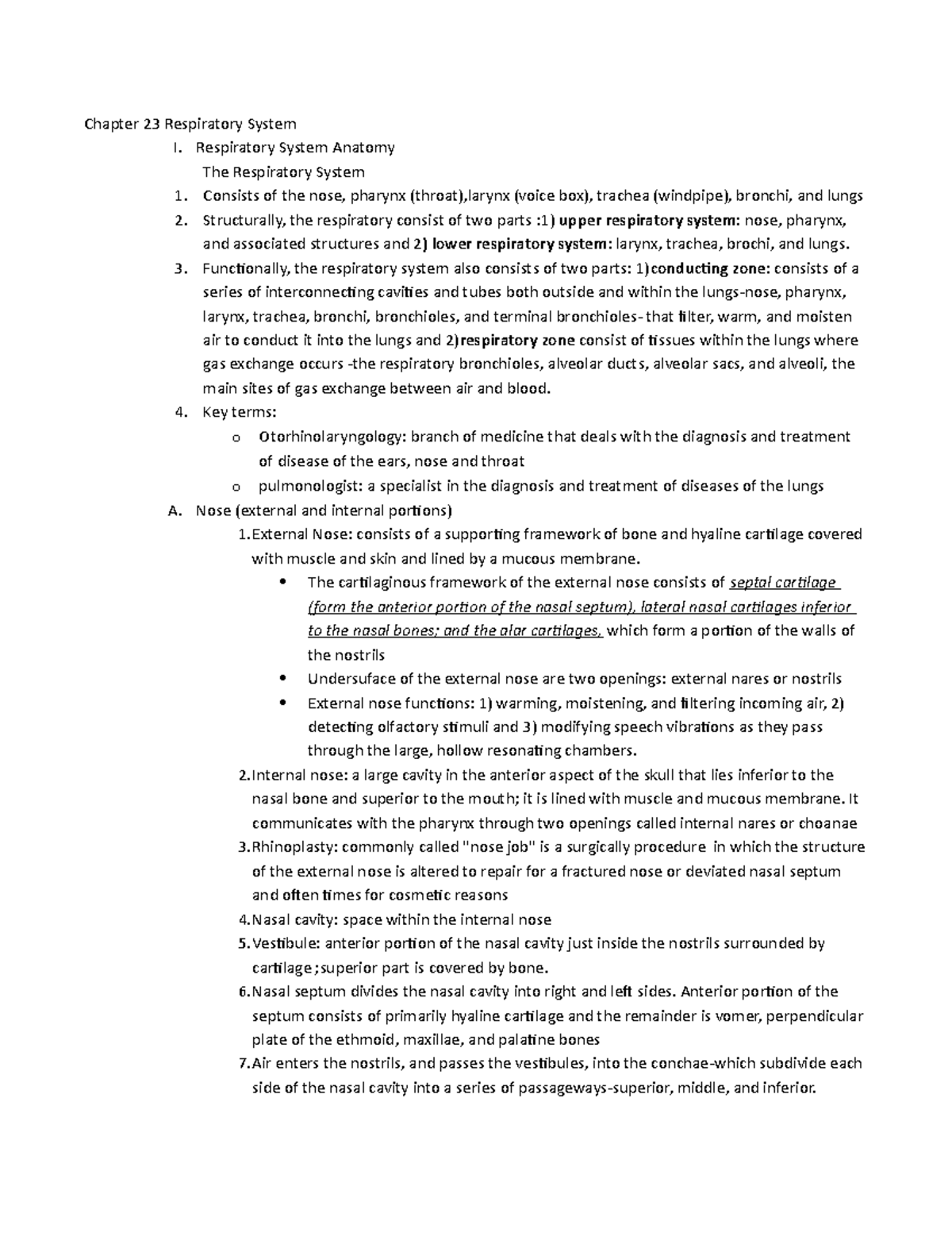 Chapter 23 Respiratory System - Chapter 23 Respiratory System I ...