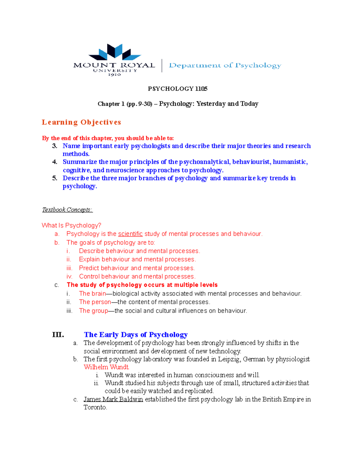 Week 1 Chapter 1 Summary Psychology 1105 Chapter 1 Pp 9 30 Psychology Yesterday And
