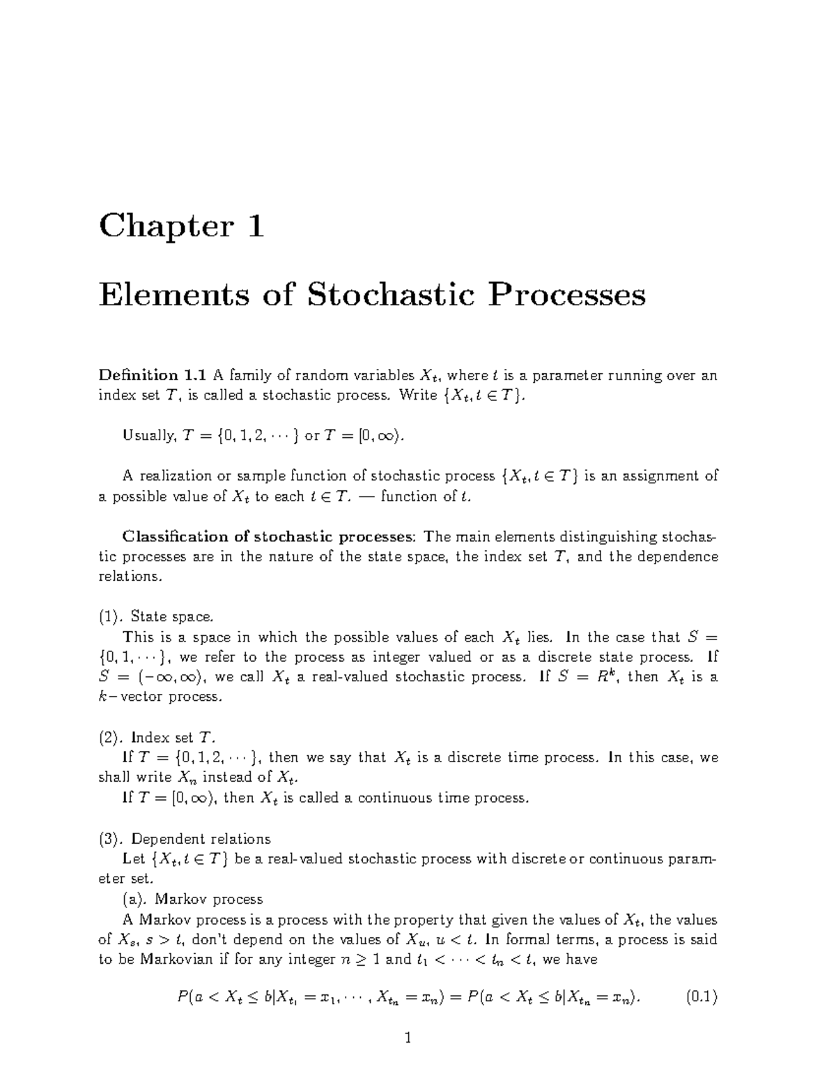Selected materials from textbook - Chapter 1 Elements of Stochastic Processes Definition 1 A ...