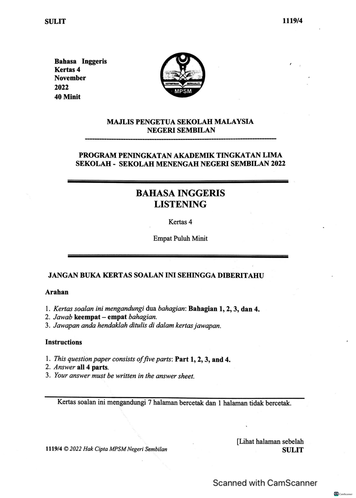 2022 Negeri Sembilan MPSM English K4 - English exam paper state - Studocu