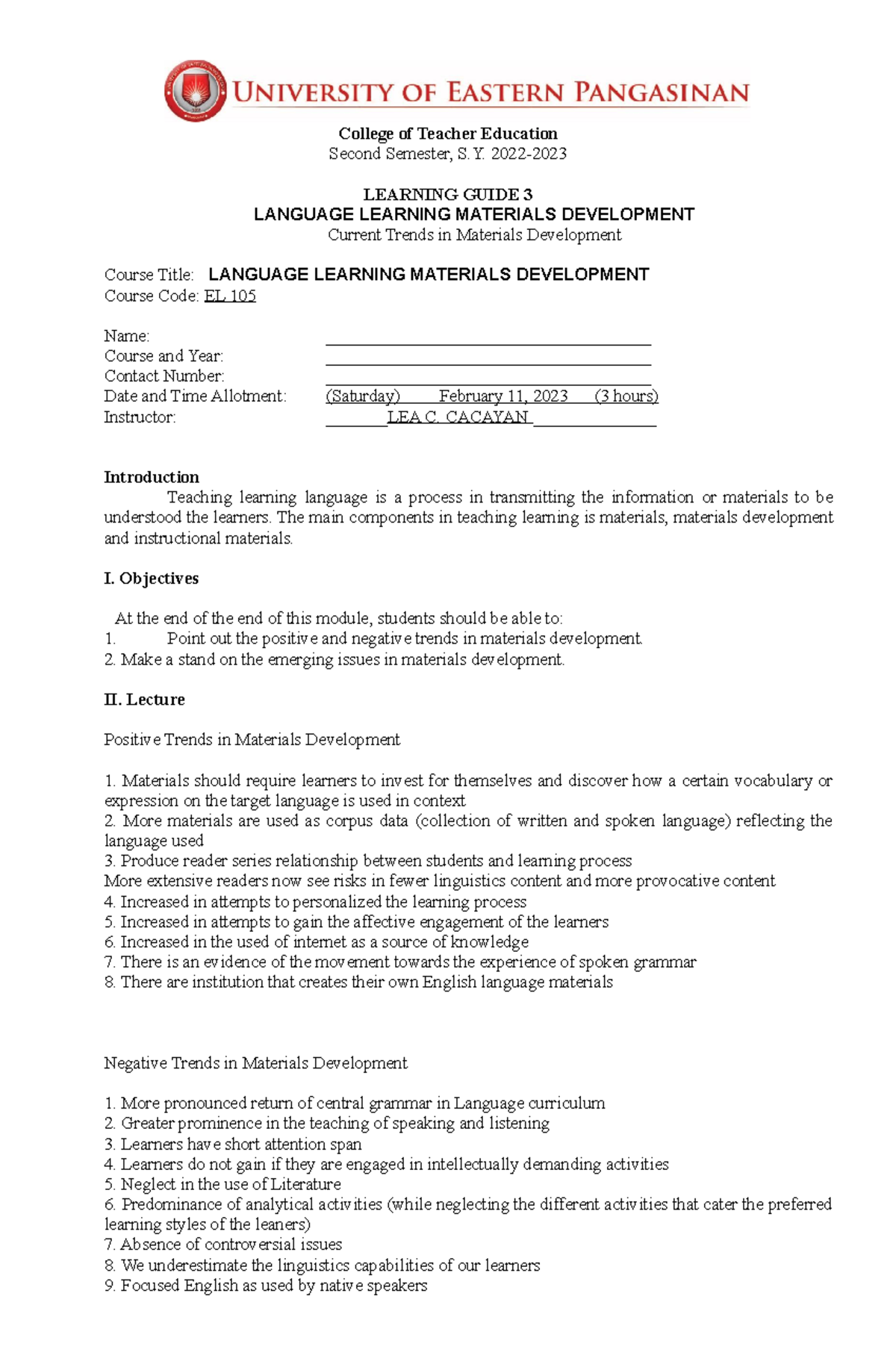 Learning Guide 3 Current Trends in Materials Development - College of ...