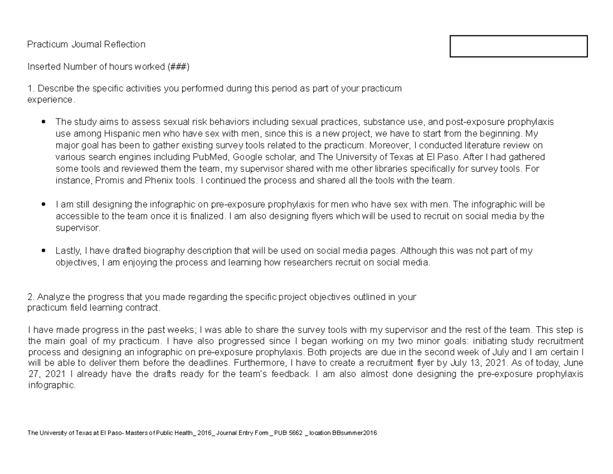 MPH Practicum Journal Entry 2 - Practicum Journal Reflection Inserted ...