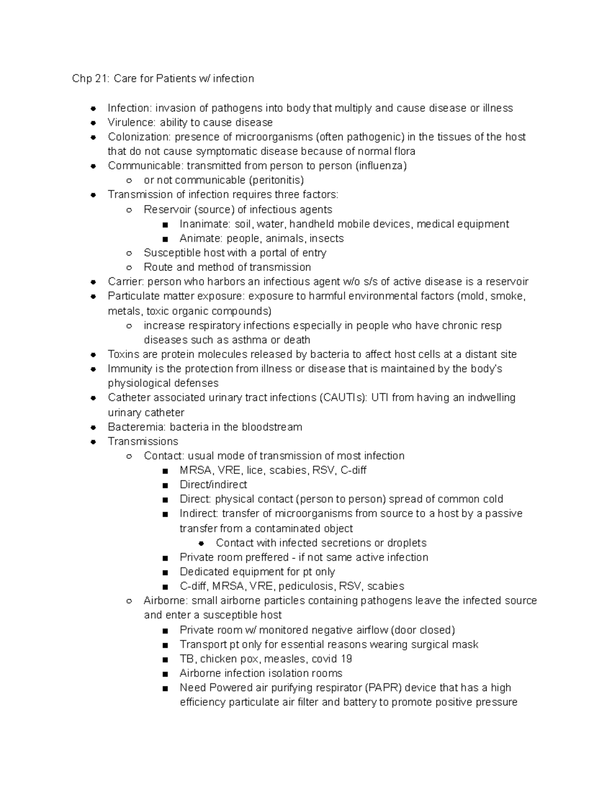Notes on chp 21, 34, 61 - Chp 21: Care for Patients w/ infection ...