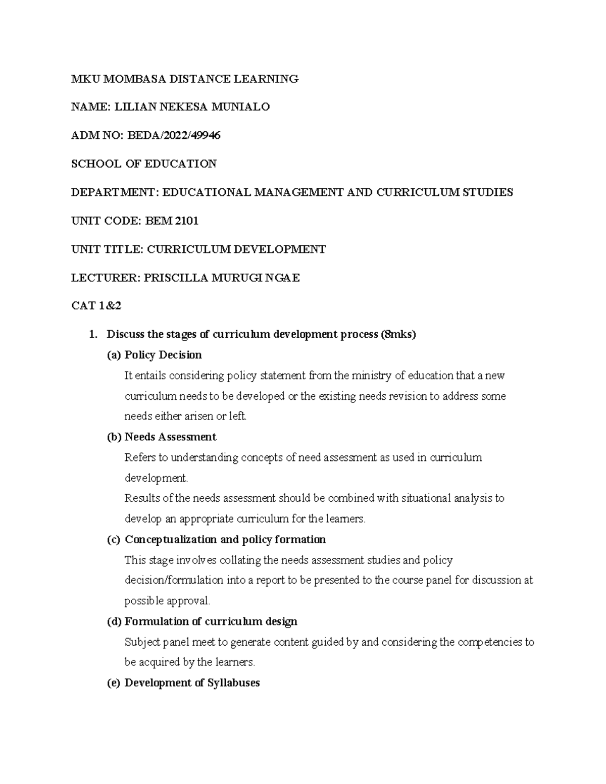 BEM 2101 - Cat - MKU MOMBASA DISTANCE LEARNING NAME: LILIAN NEKESA ...
